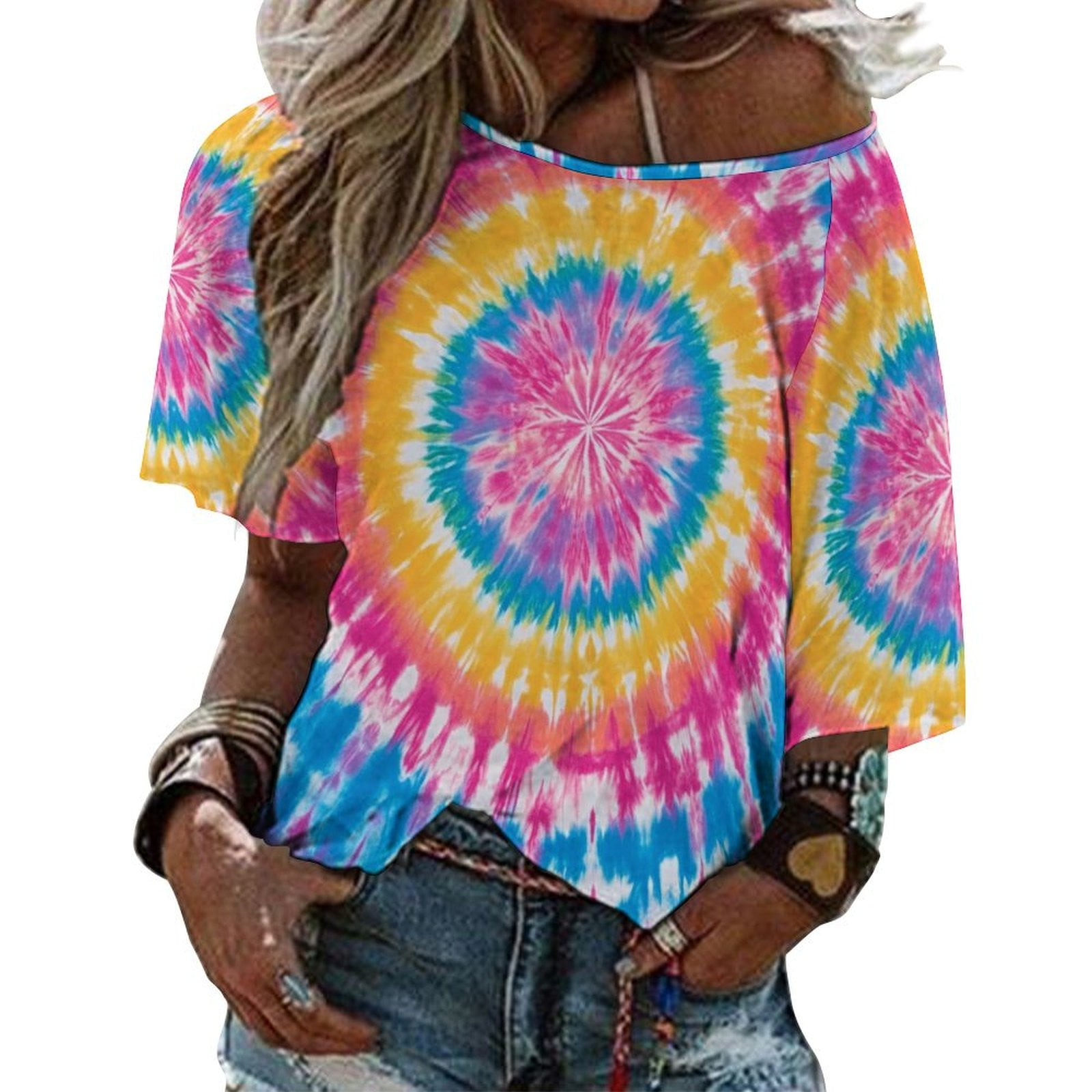 Colorful Tie Dye Vortex Womens Casual Crew Neck Short Sleeve Pleated ...
