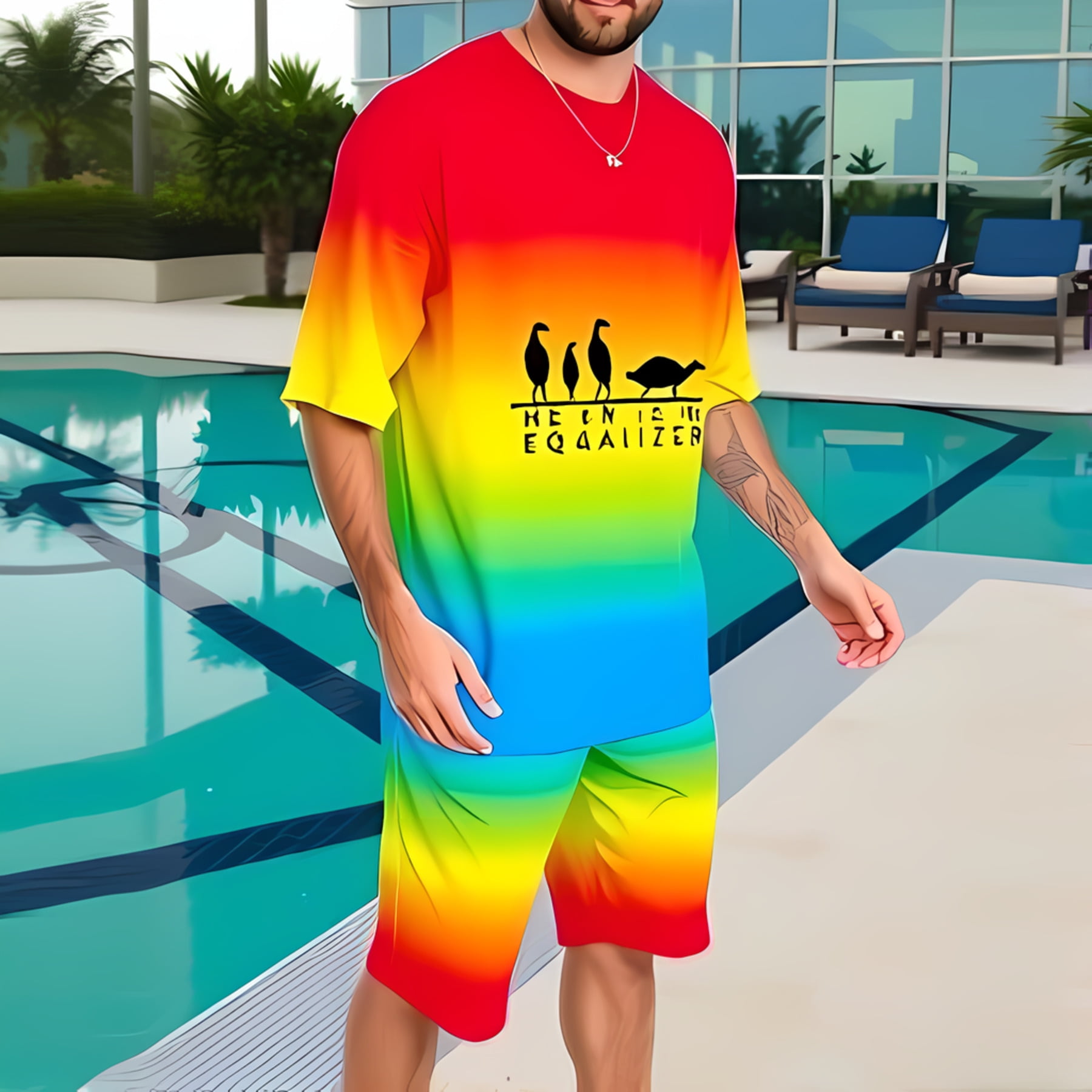 Colorful Tie - T-Shirt and Shorts Set - Gradient Red Yellow with 'HE ...