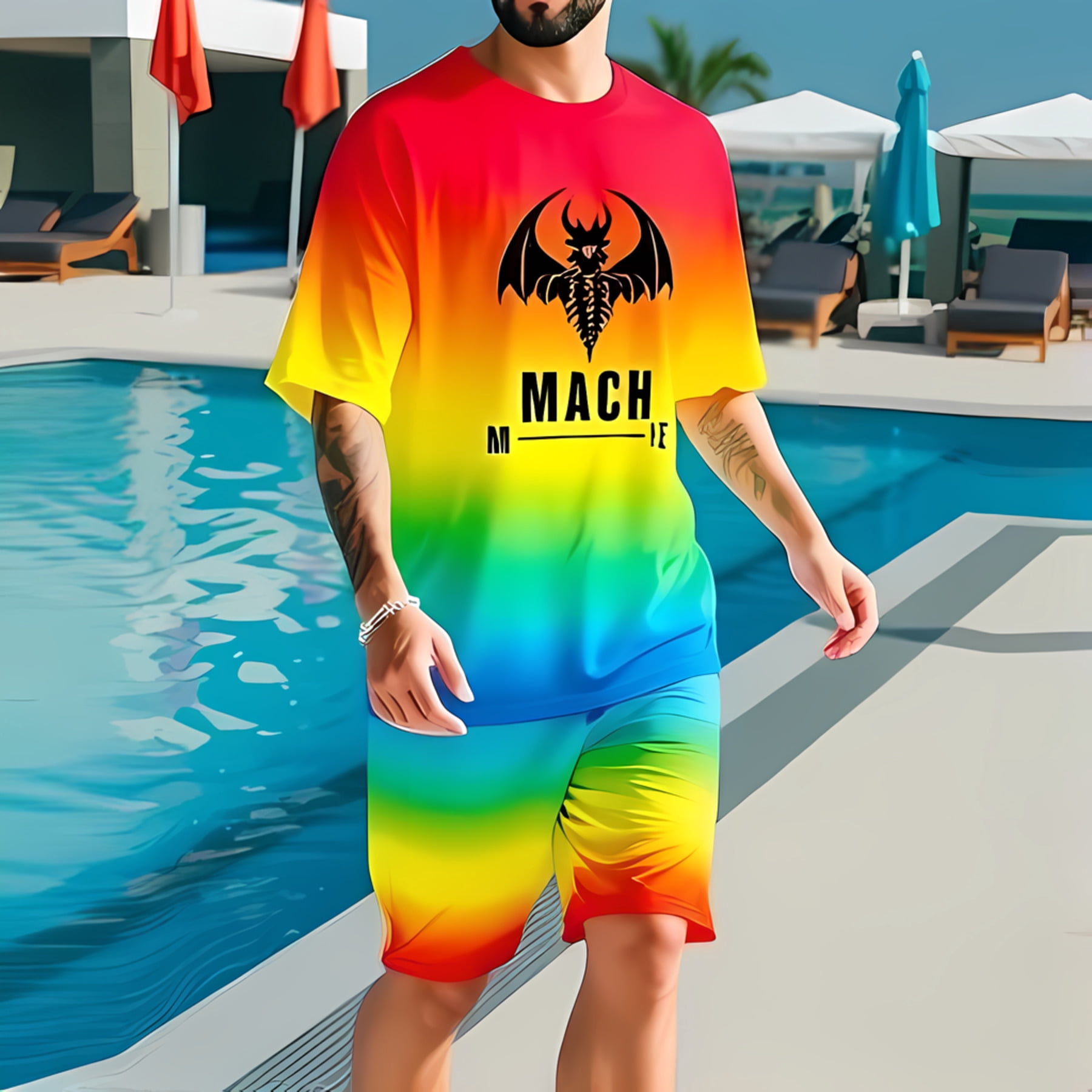 Colorful Tie - T-Shirt and Shorts Set with Black Dragon Graphic and ...