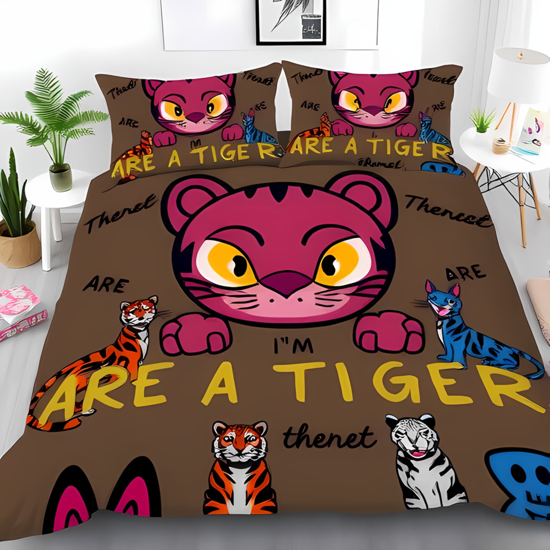 Colorful Tiger 3-Piece Duvet Cover Set - Playful Pink and Yellow Tiger ...