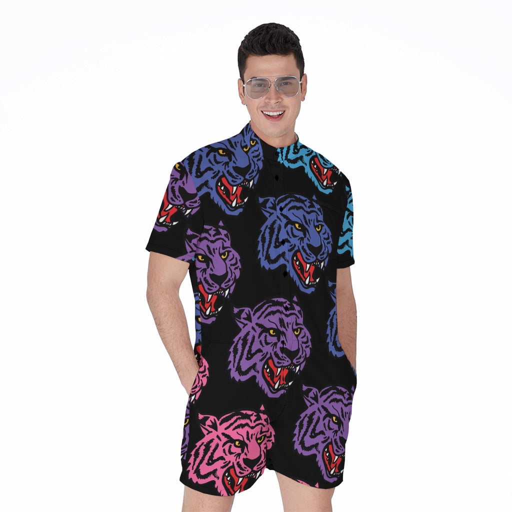 Colorful Tiger Head Pattern Short Sleeve Men'S Rompers, Tiger Wide ...