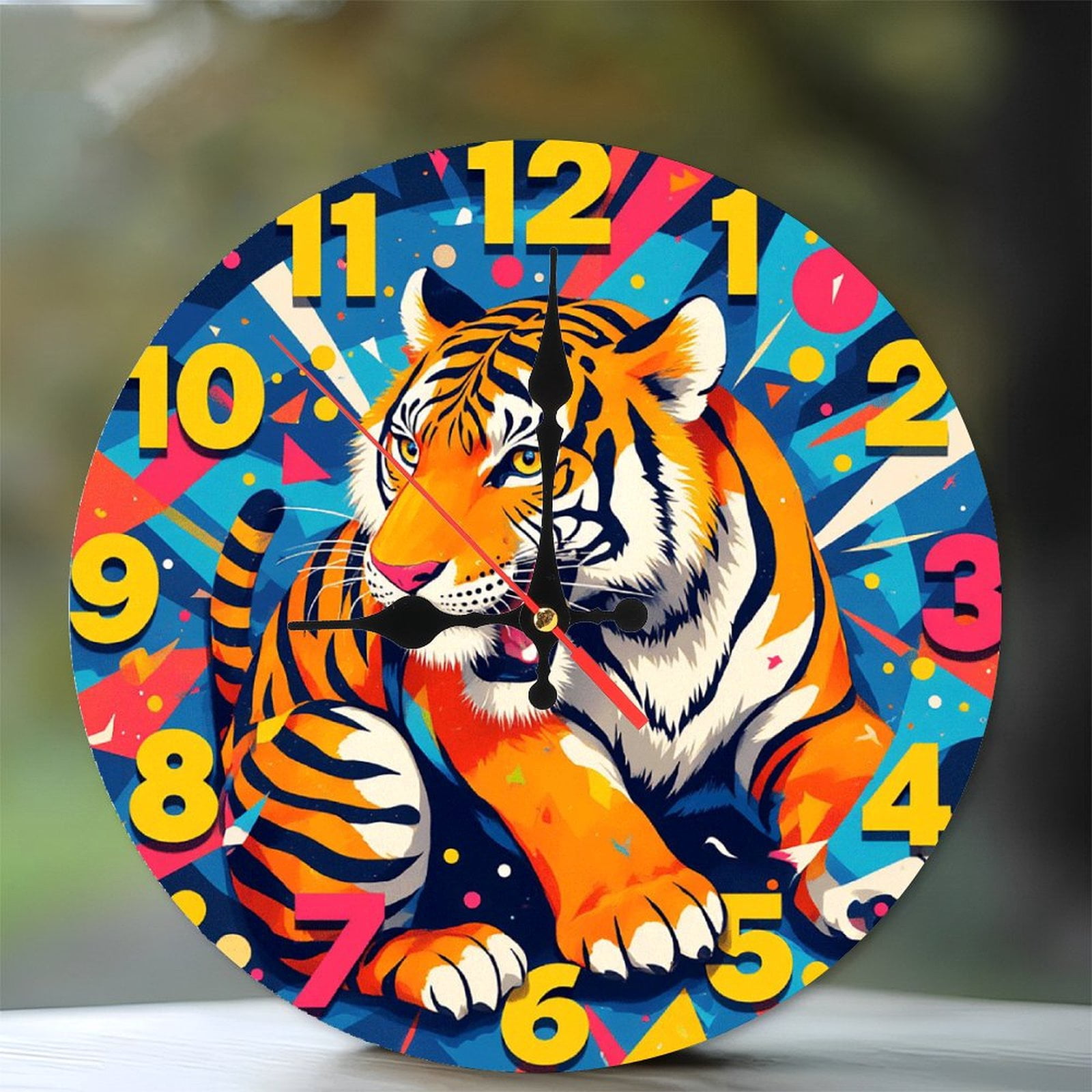 Colorful Tiger Wall Clock with Bold Numbers 10-Inch Silent Wooden Wall ...