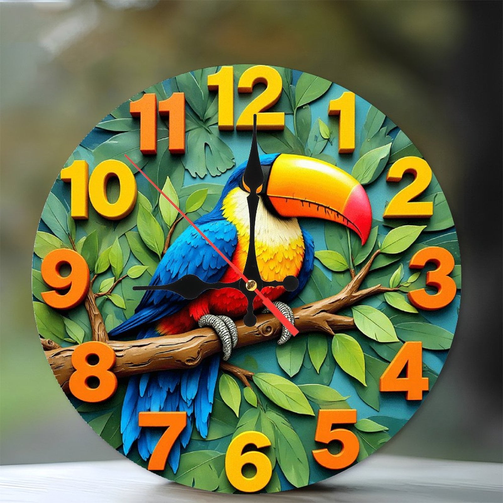 Colorful Toucan Wall Clock with Numbers And Leaves 10-Inch Silent ...