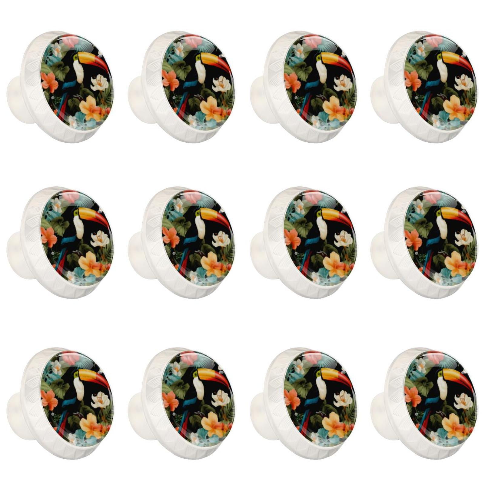 Colorful Toucans Birds 12 Pcs White Round Drawer Pulls with Screws,ABS and Glass Cabinet Handles ...