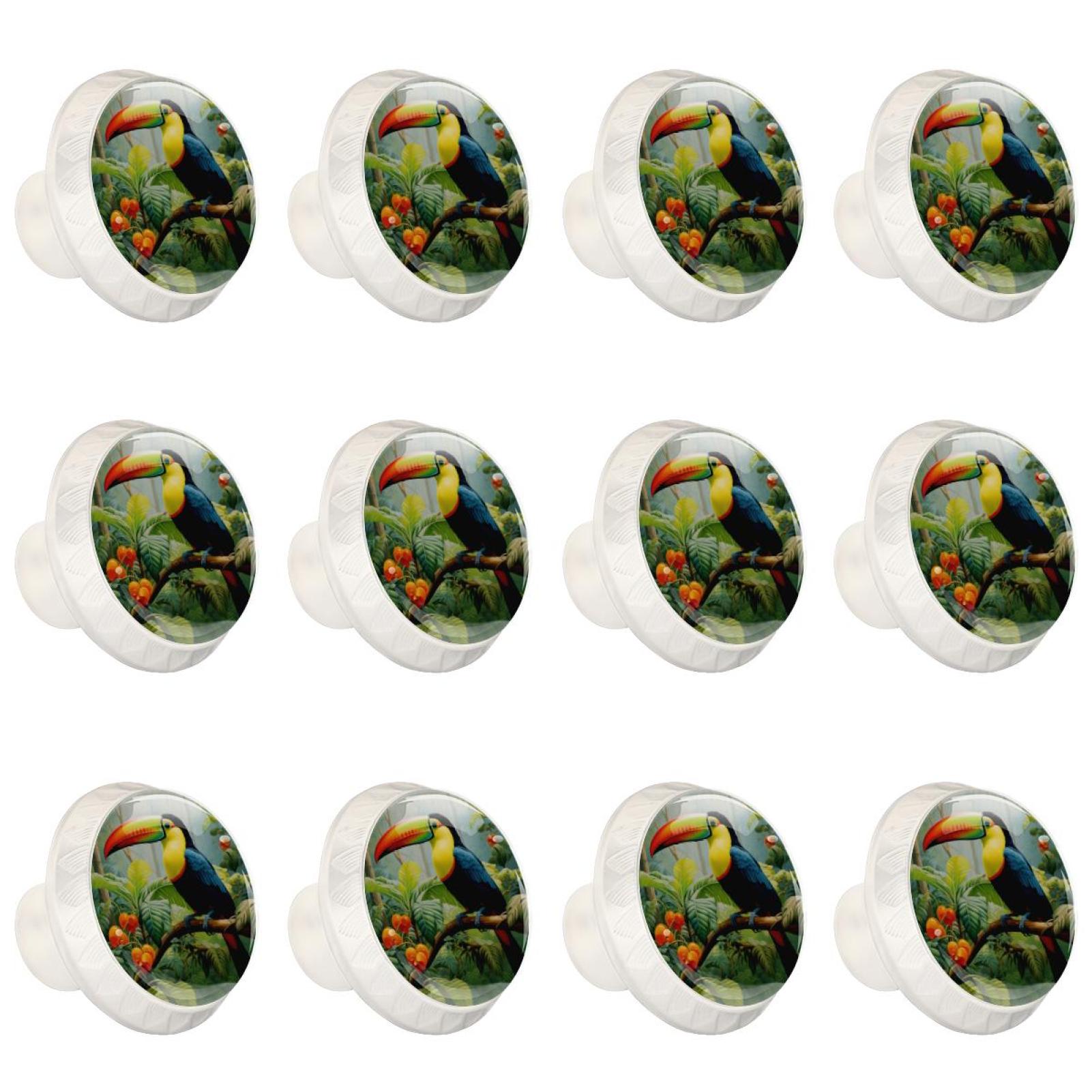 Colorful Toucans Birds 12 Pcs White Round Drawer Pulls with Screws,ABS and Glass Cabinet Handles ...