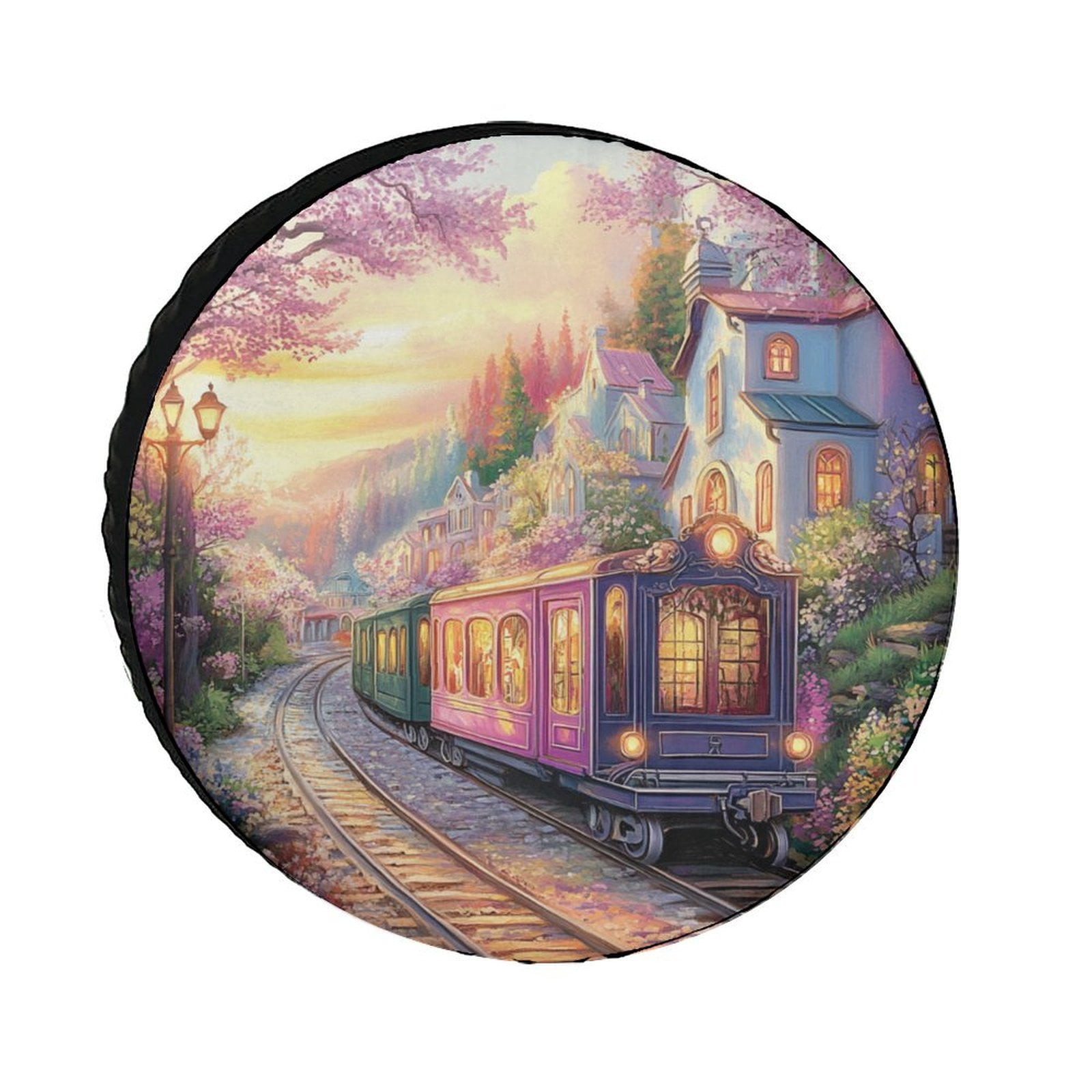 Colorful Town Train Flowers Spare Tire Cover Town Scenery Waterproof ...