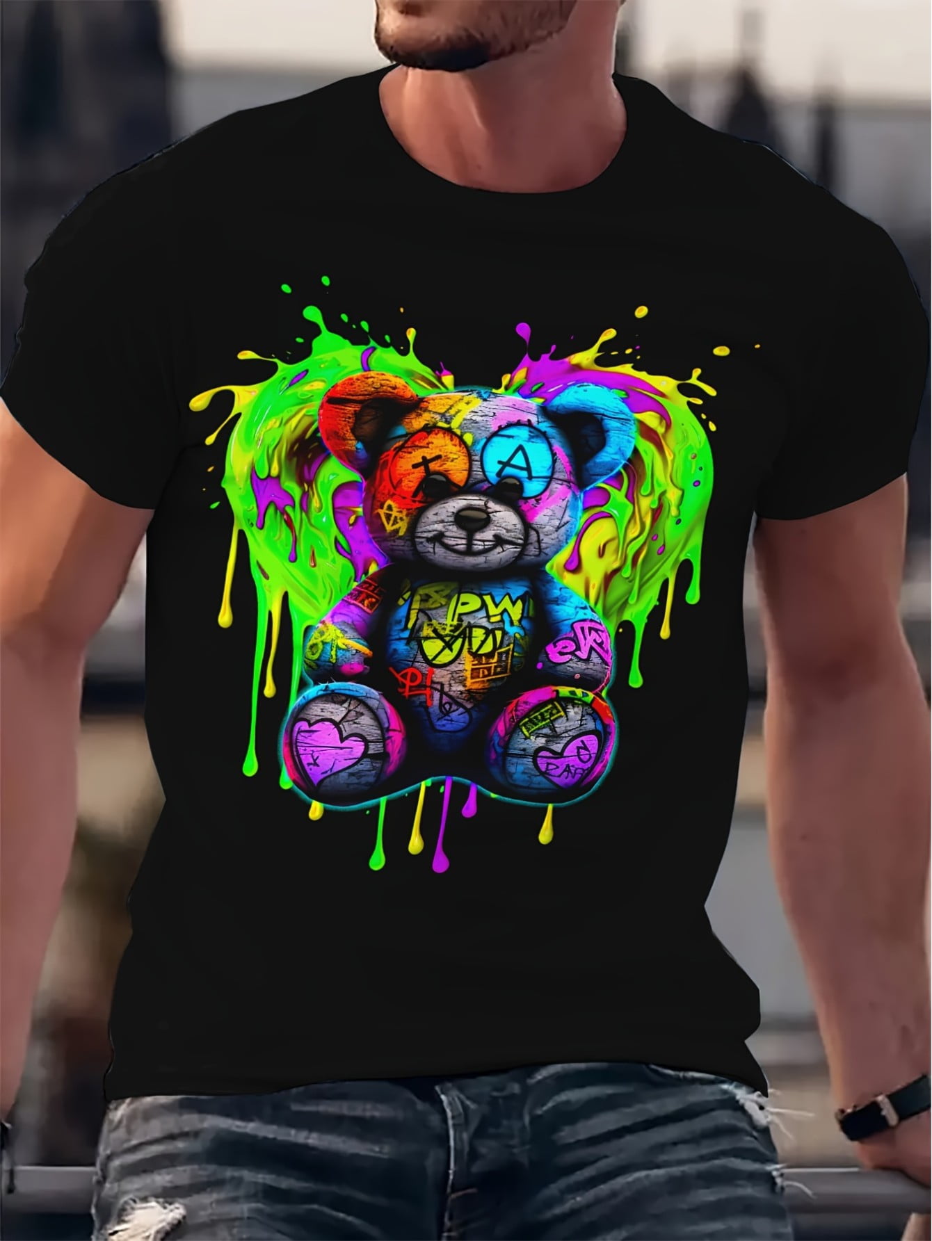 Colorful Toy Bear Print Men's Stylish T-Shirt, Comfortable Casual Wear ...