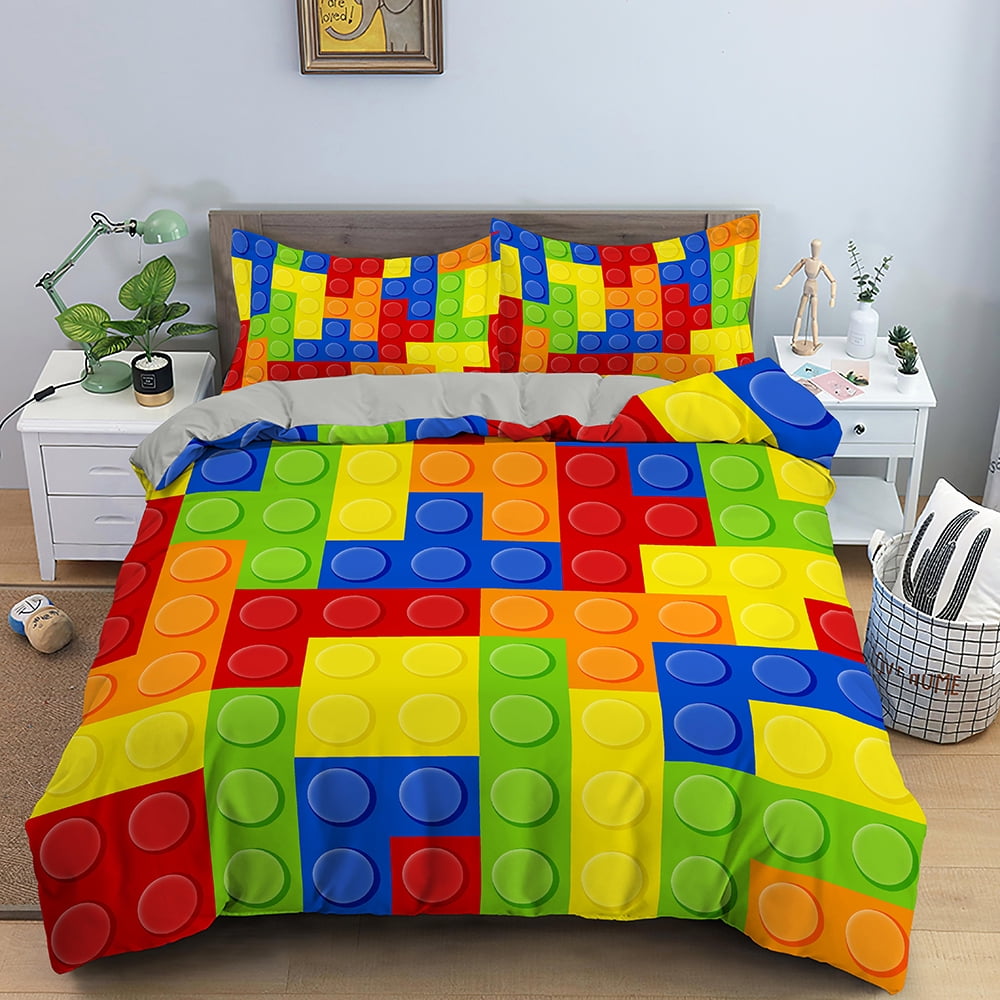 Colorful Toy King Duvet Cover 3D Building Block Pattern Bedding Set Fun ...