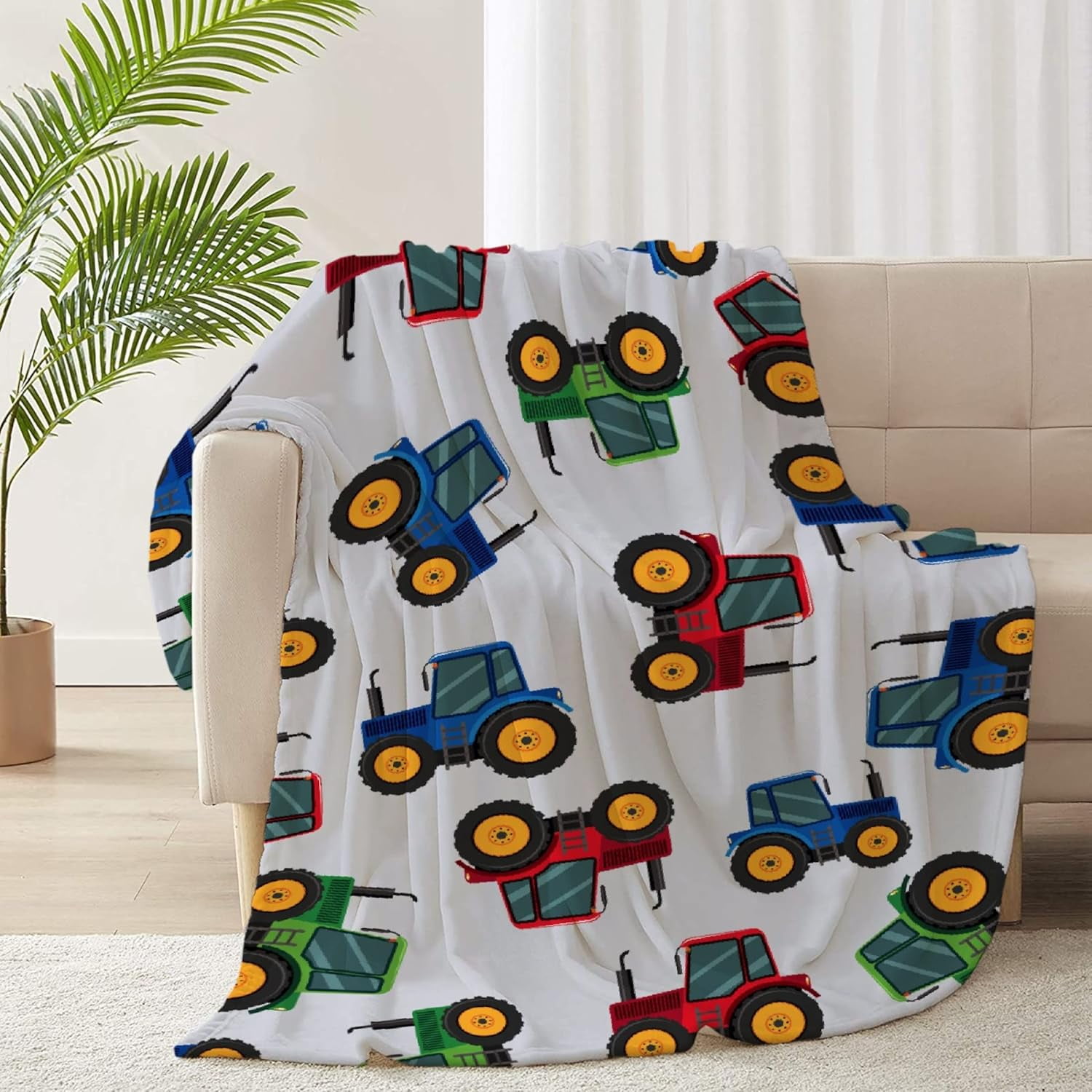 Colorful Tractors Excavators Blue Trucks Flannel Lightweight Blankets ...