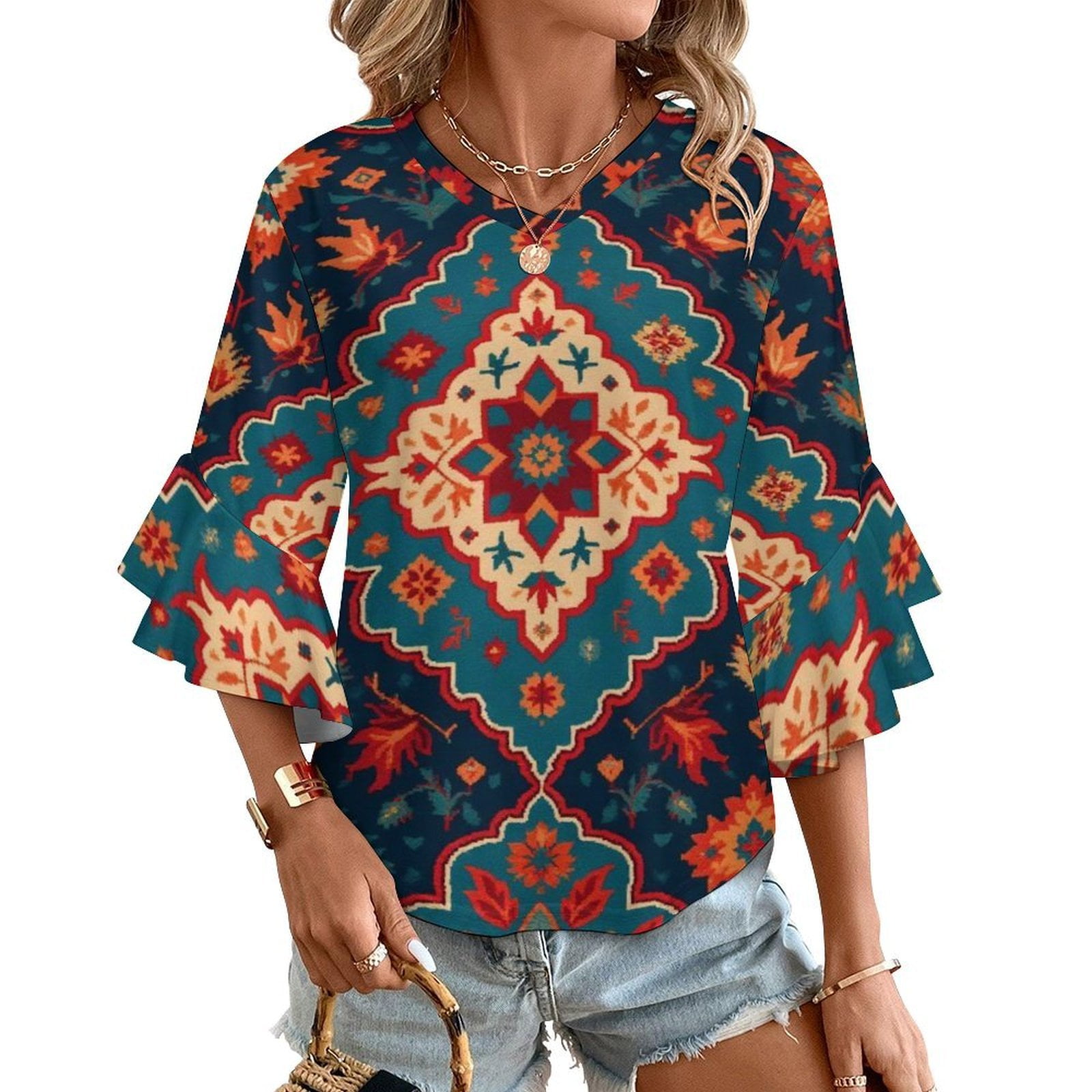 Colorful Traditional Geometric Floral Pattern Women's V-Neck Blouse ...