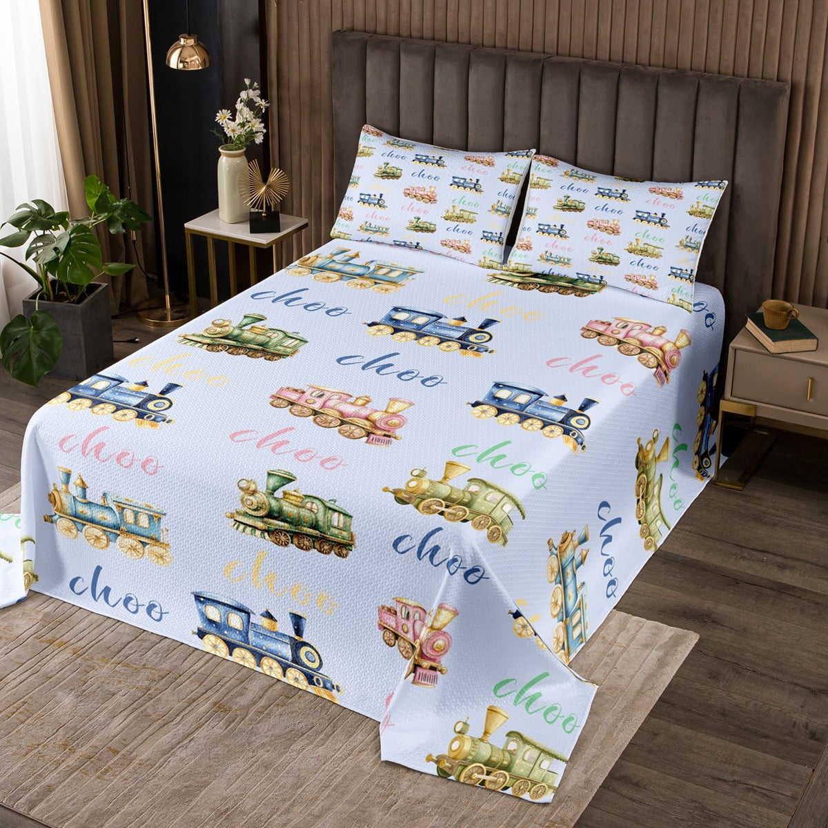 Colorful Train Bedspread Twin Size,Cartoon Steam Train Transport ...