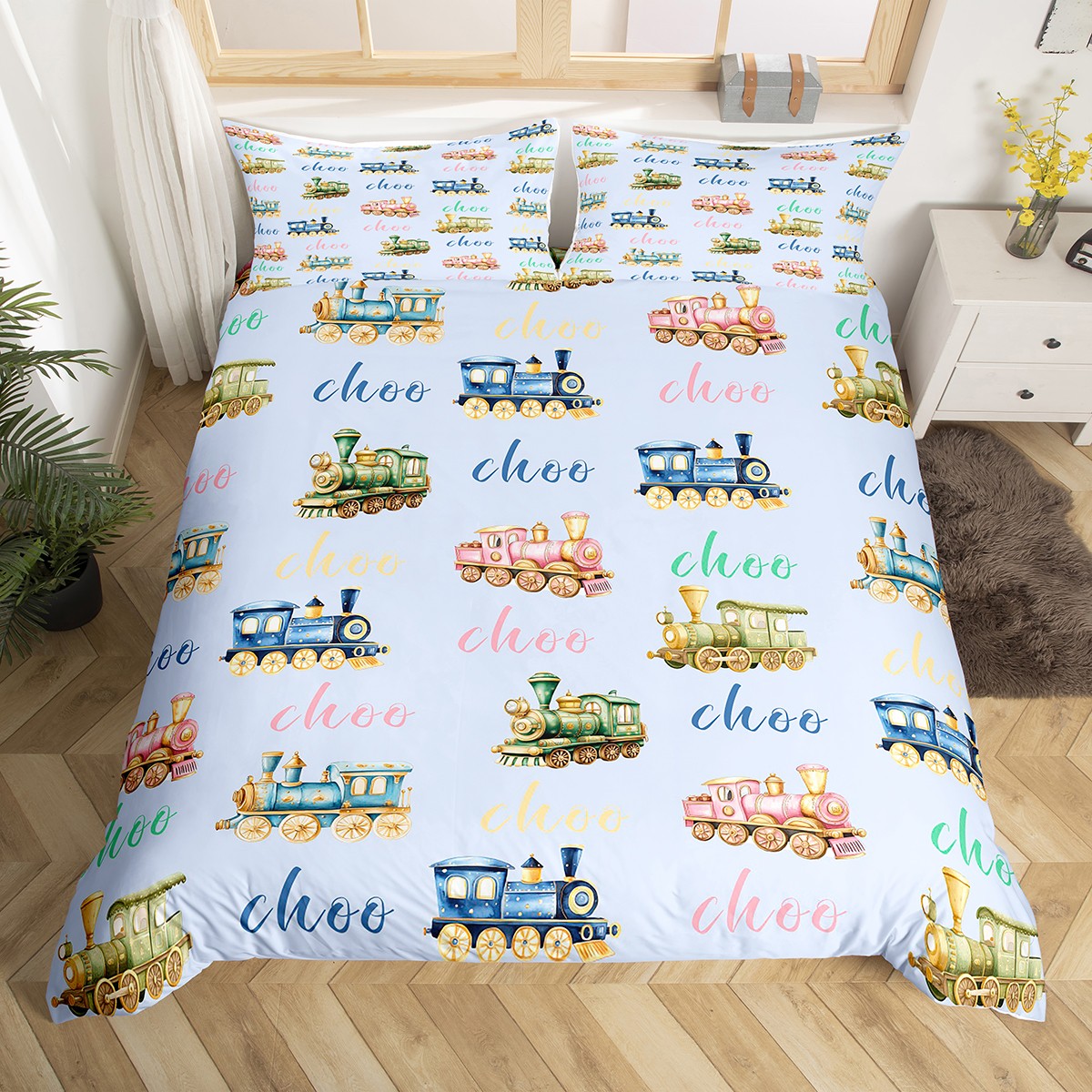 Colorful Train Duvet Cover Set King Size,Cartoon Steam Train Transport ...