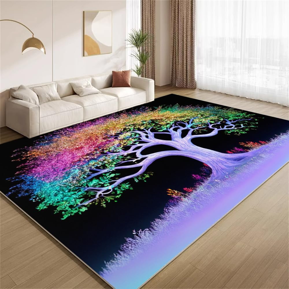 Colorful Tree Area Rugs, Fantasy Forest Black Background, Abstract Tree ...