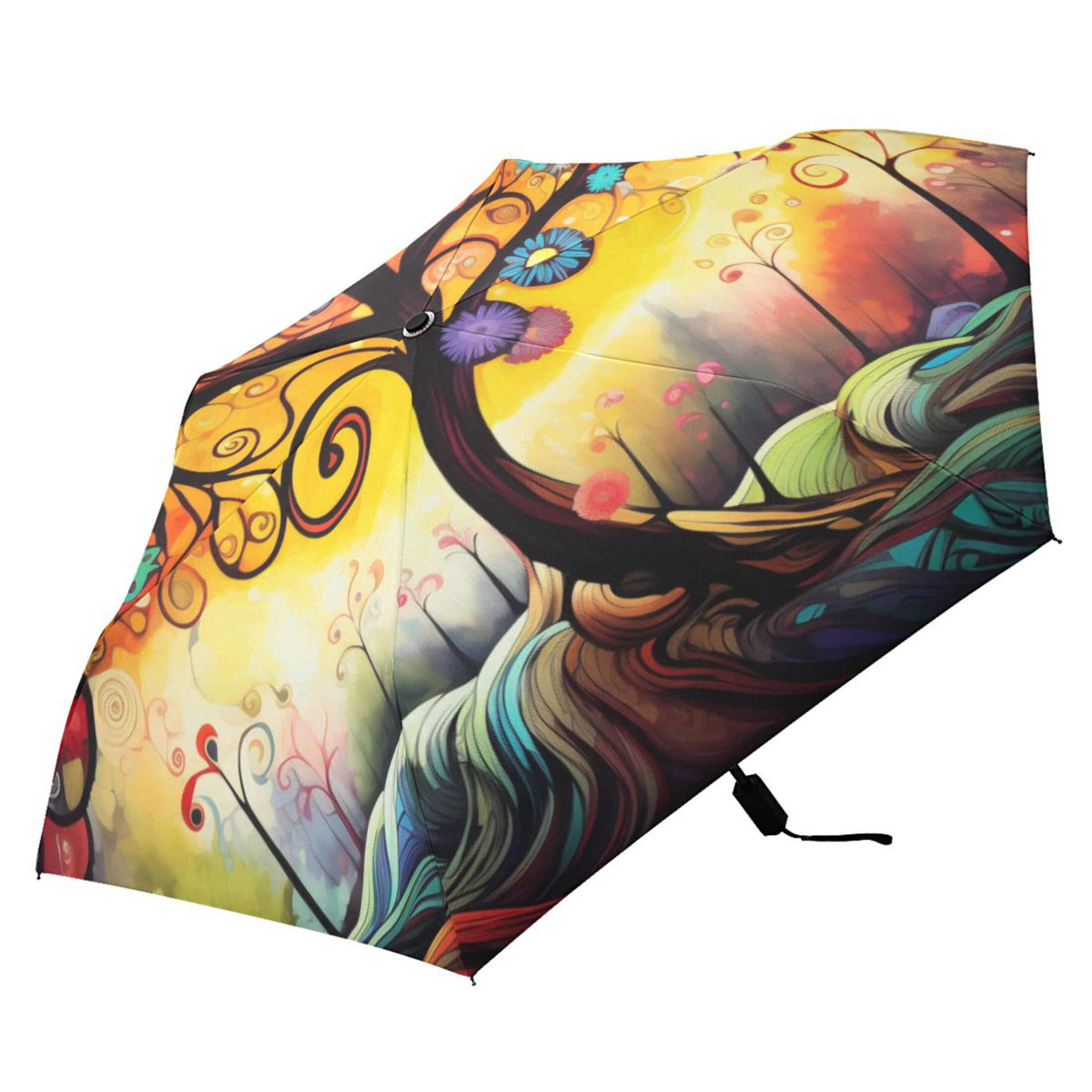 Colorful Tree Compact Folding Umbrella for Rain Windproof Travel ...