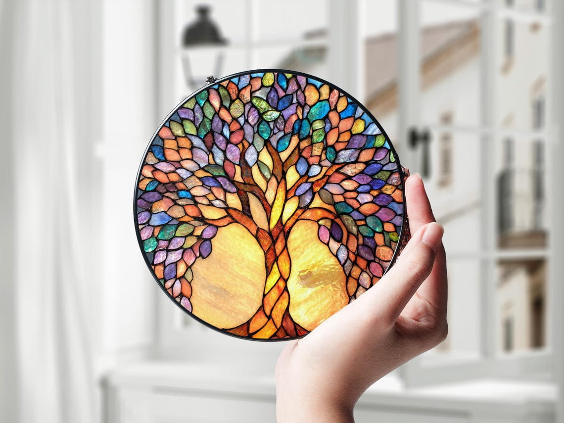 Colorful Tree Glass Suncatcher – Window Hanging Decor, Nature-Inspired ...