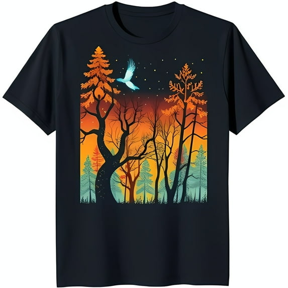 Colorful Tree Graphic T-Shirt with Blue Bird on Dark Blue Background ...