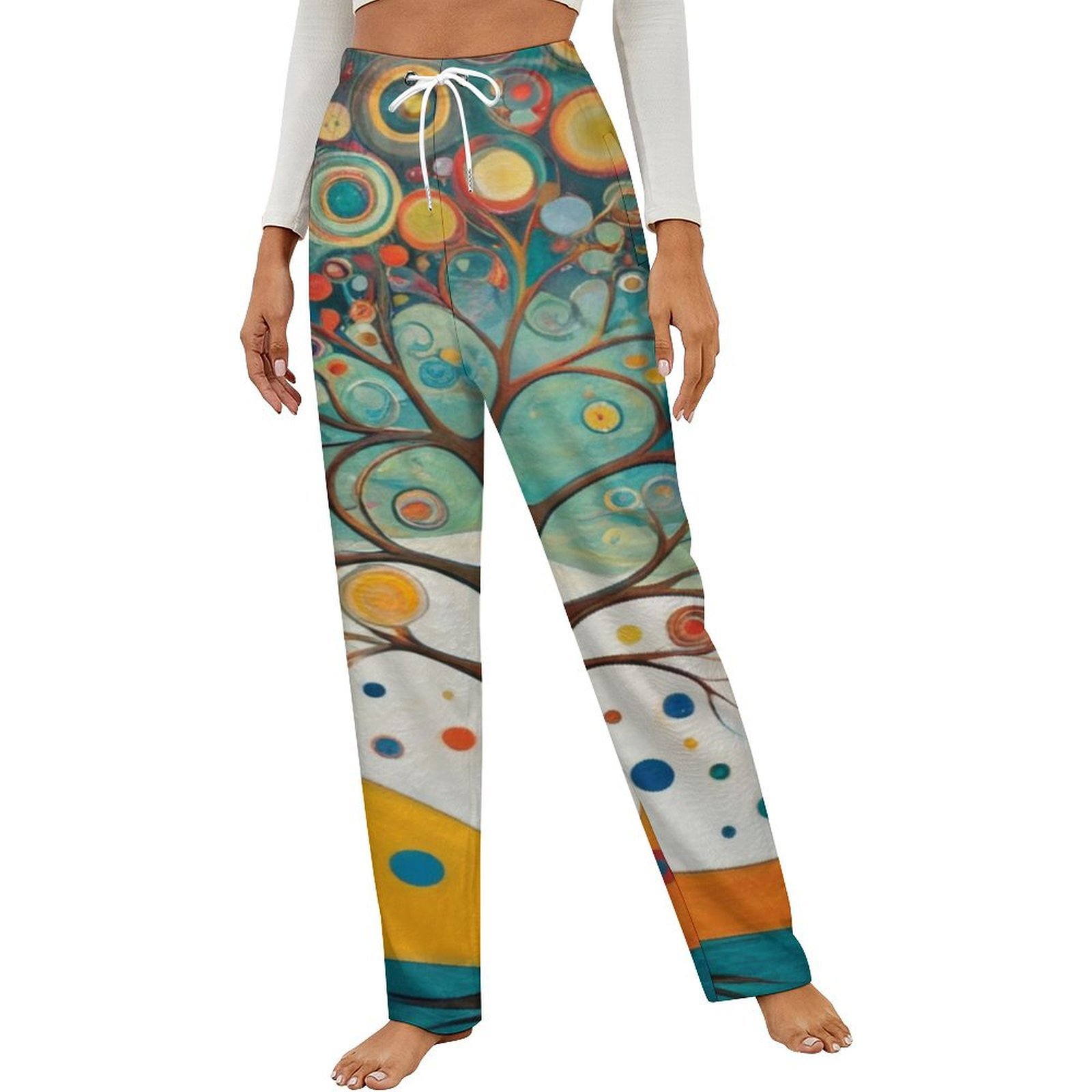 Colorful Tree Of Life Art Winter Female Pants Flannel High Waist Women ...