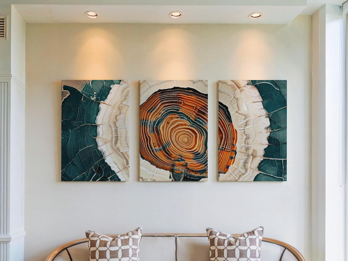 Colorful Tree Ring Prints Set Of 3, Nordic Teal Wood Slice Wall Art ...