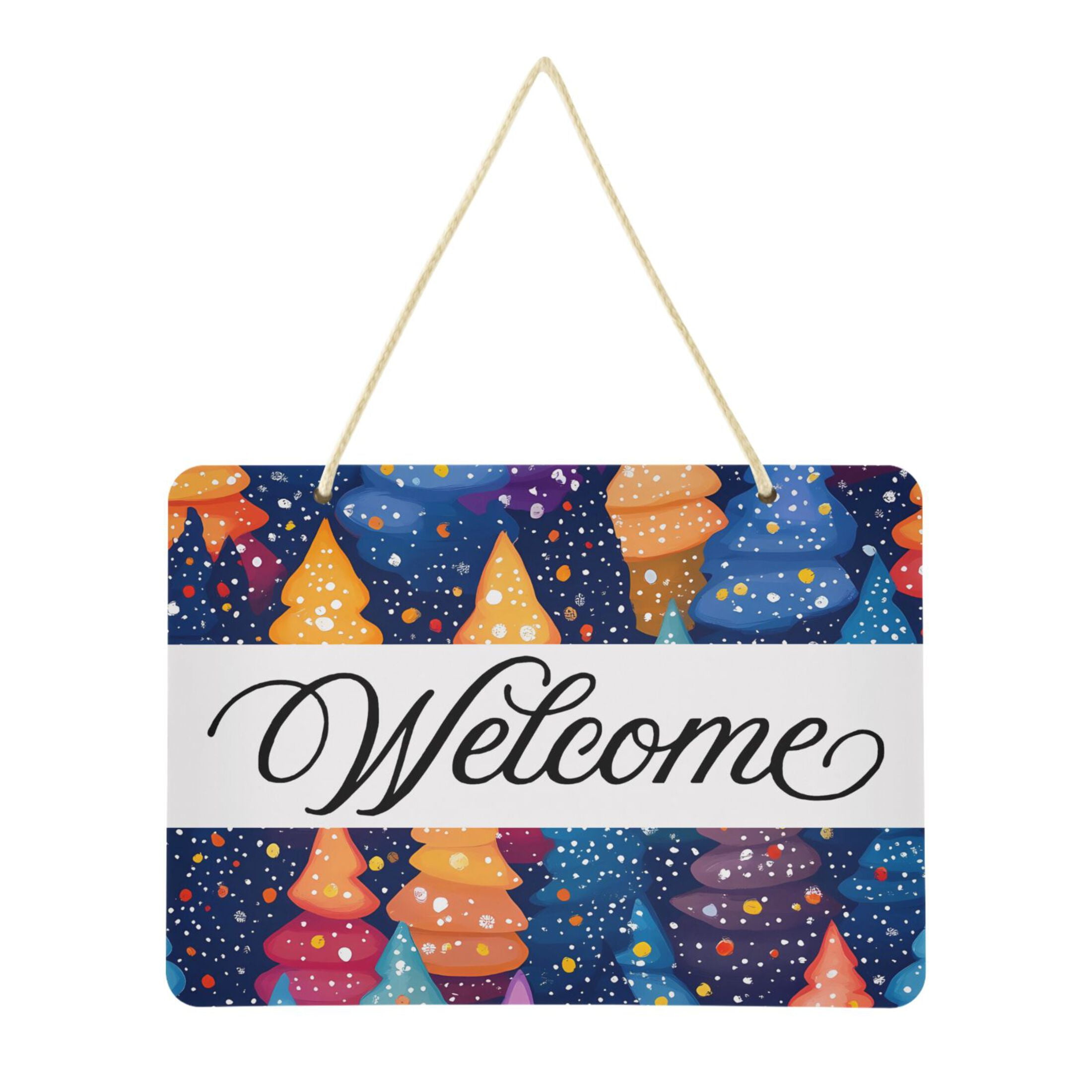 Colorful Tree and Snow Welcome Sign Front Door PVC 14x10 inch Hanger ...