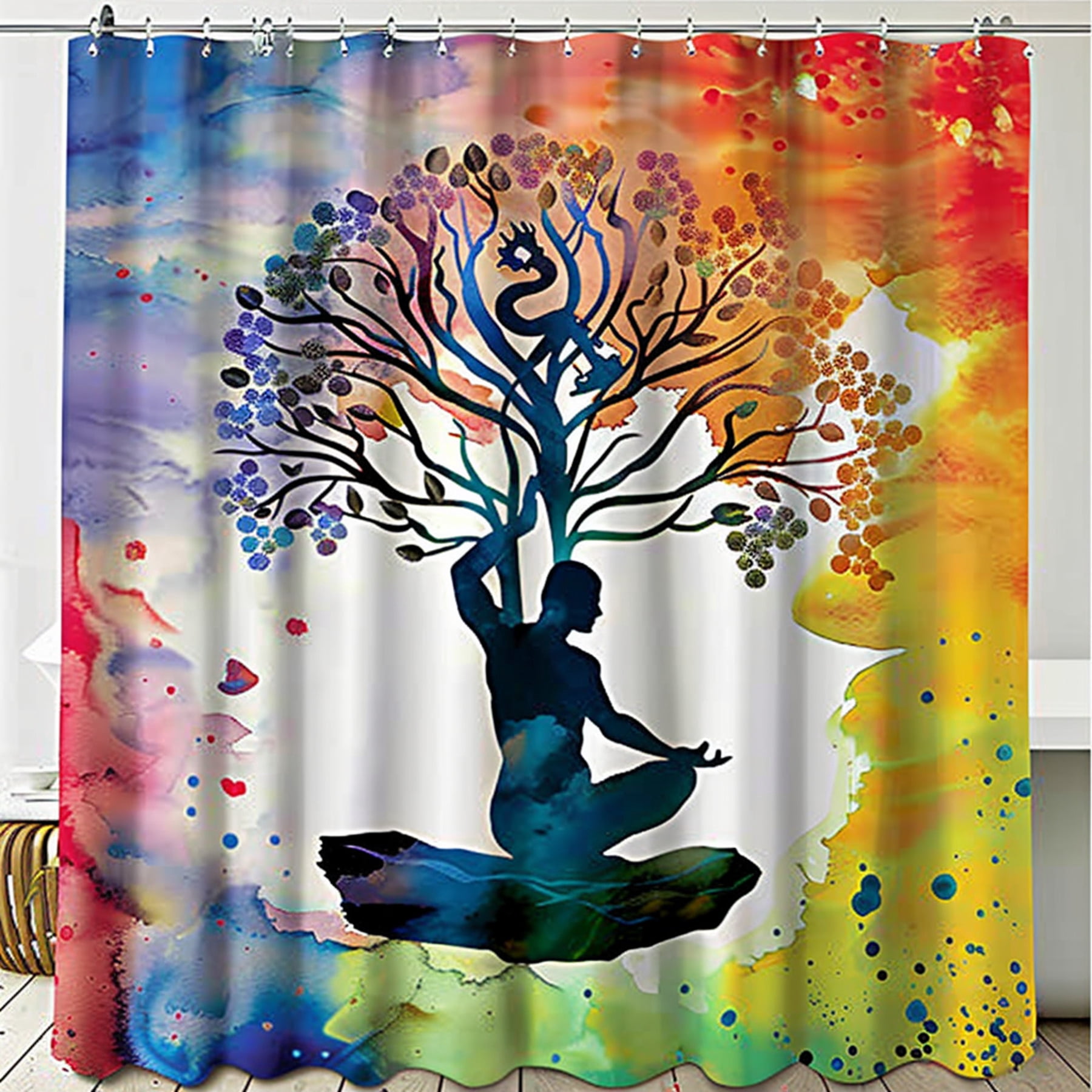 Colorful Tree of Life and Man Silhouette Yoga Pose Shower Curtain ...