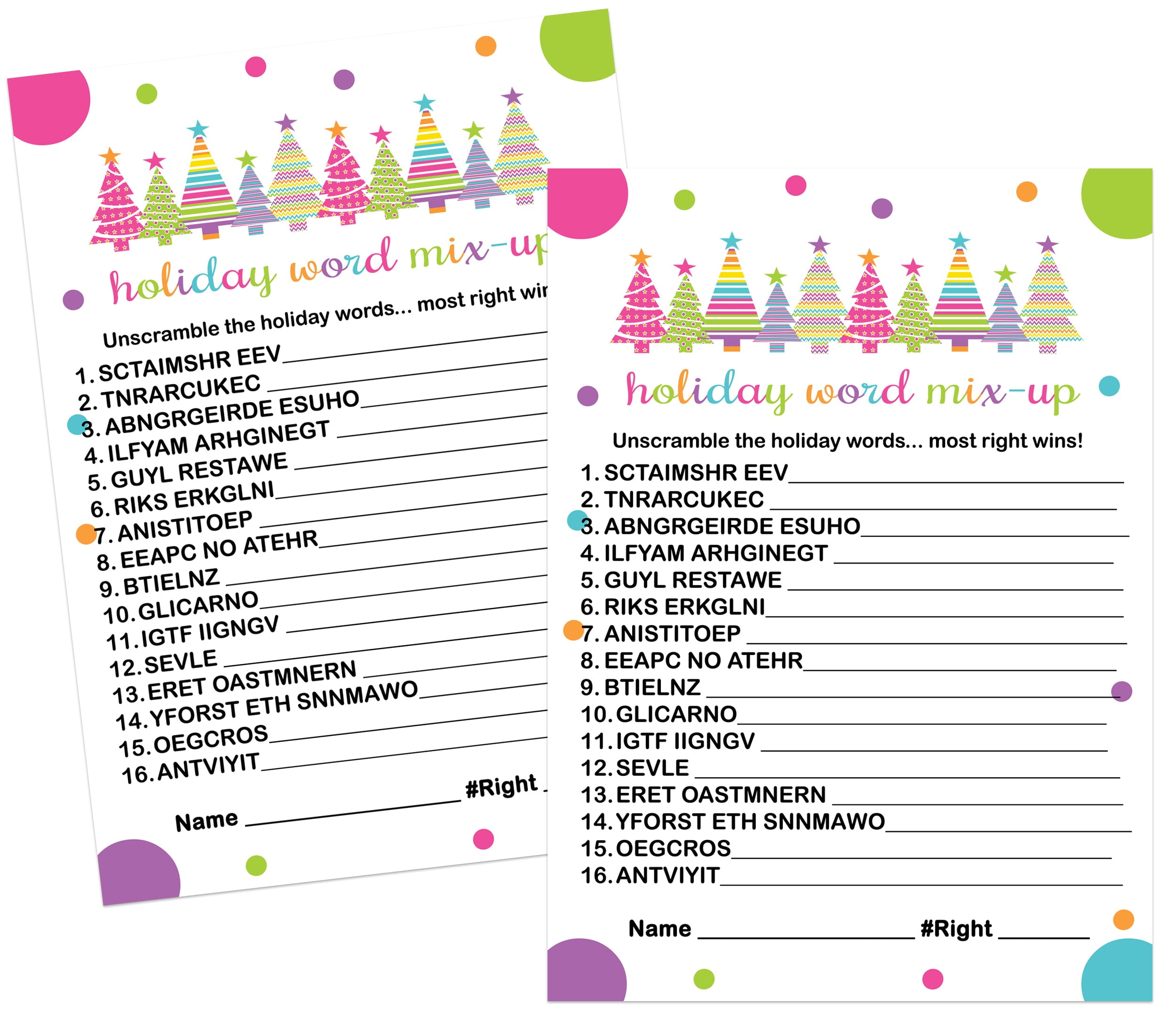 Colorful Trees Christmas Word Scramble Game (25 Count) Pack of Holiday ...