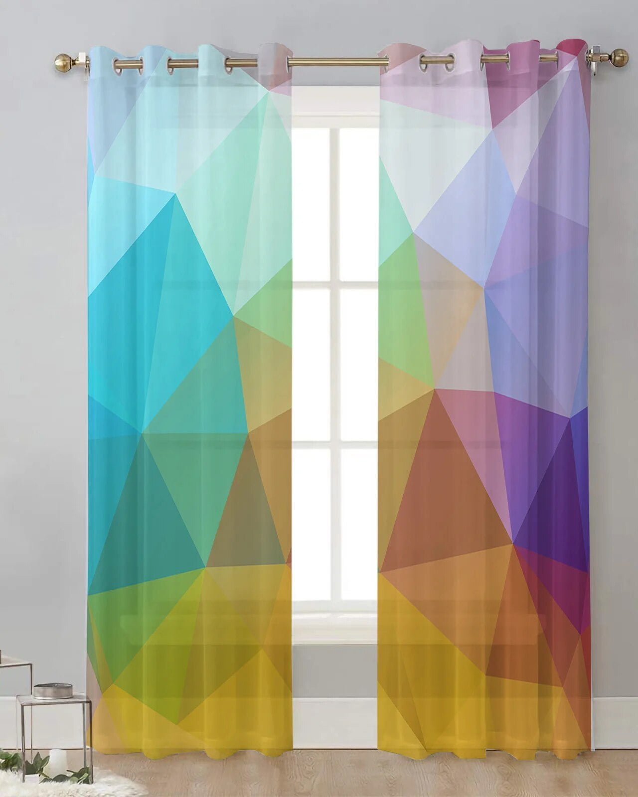Colorful Triangle Geometric Gradient Pink Tulle Drapes Living Room ...