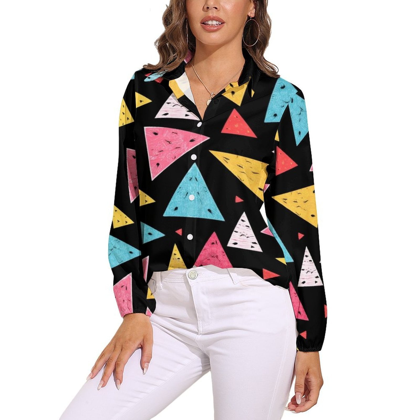 Colorful Triangle Pattern Blouse Female Long Sleeve Casual Shirts ...