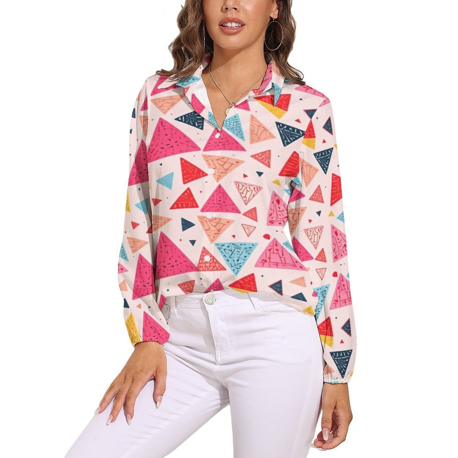 Colorful Triangle Pattern Blouse For Women Loose Blouses Long Sleeve ...