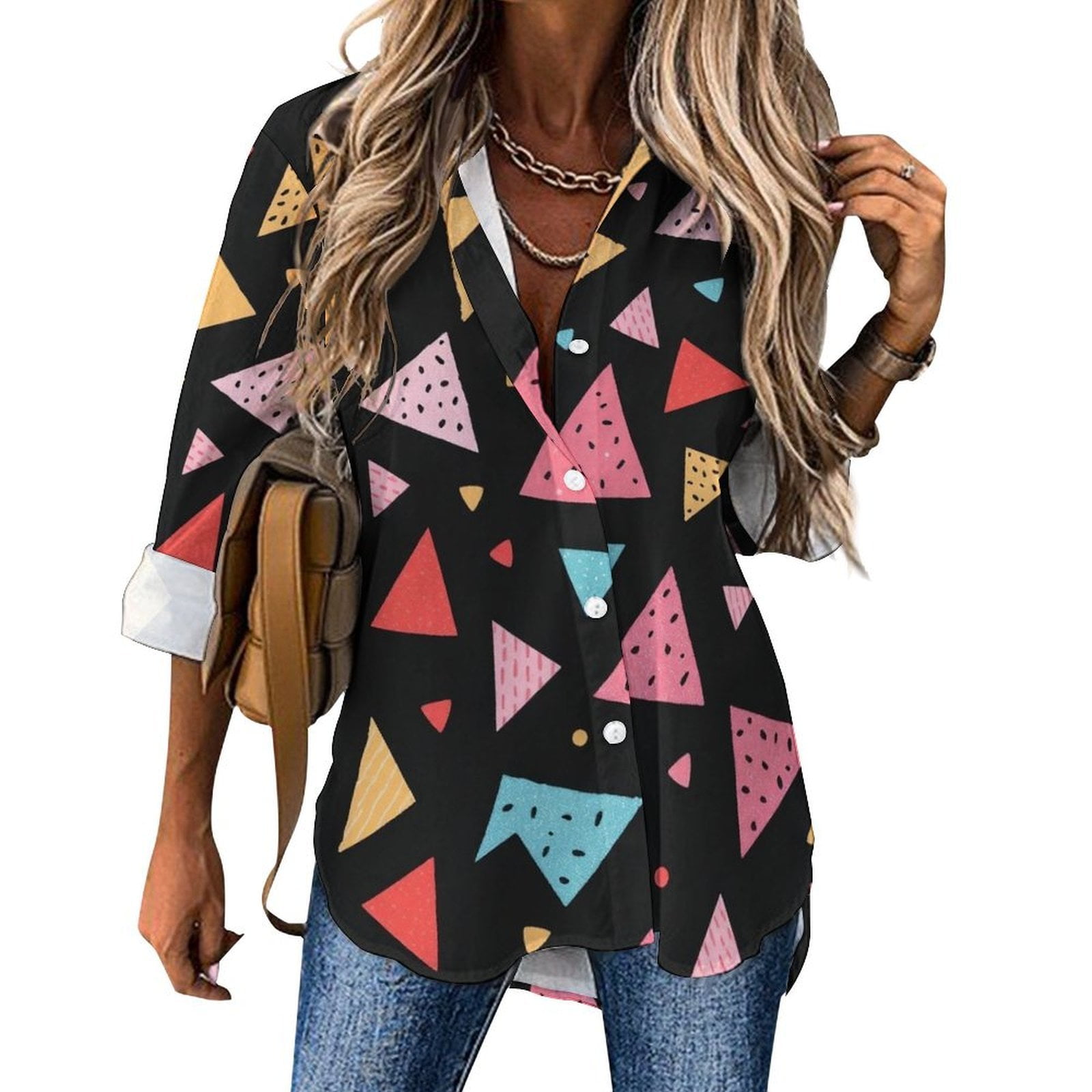 Colorful Triangle Pattern Blouse Kawaii Graphic Blouses Women Long ...