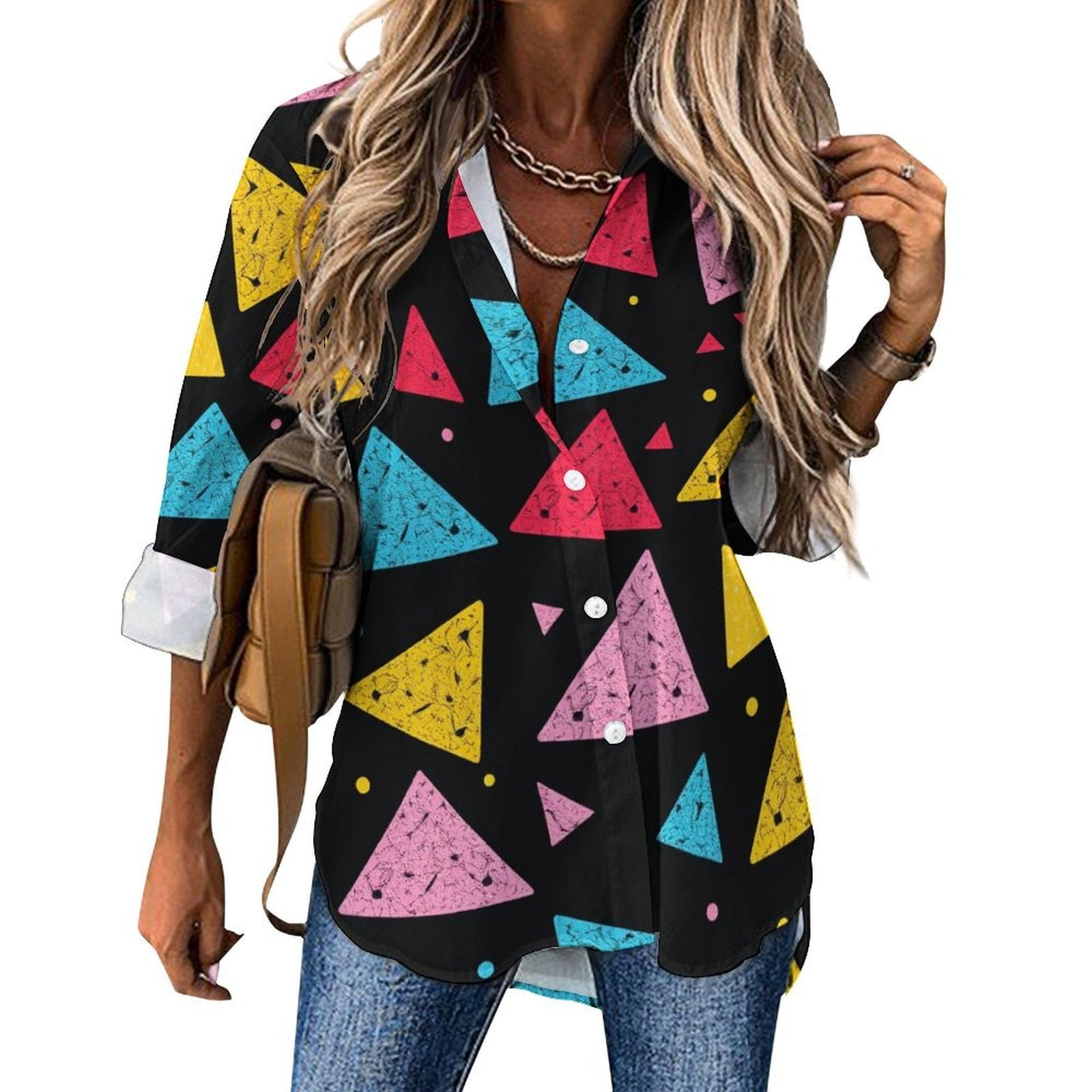 Colorful Triangle Pattern Loose Blouse Oversize Blouses Long-Sleeve ...