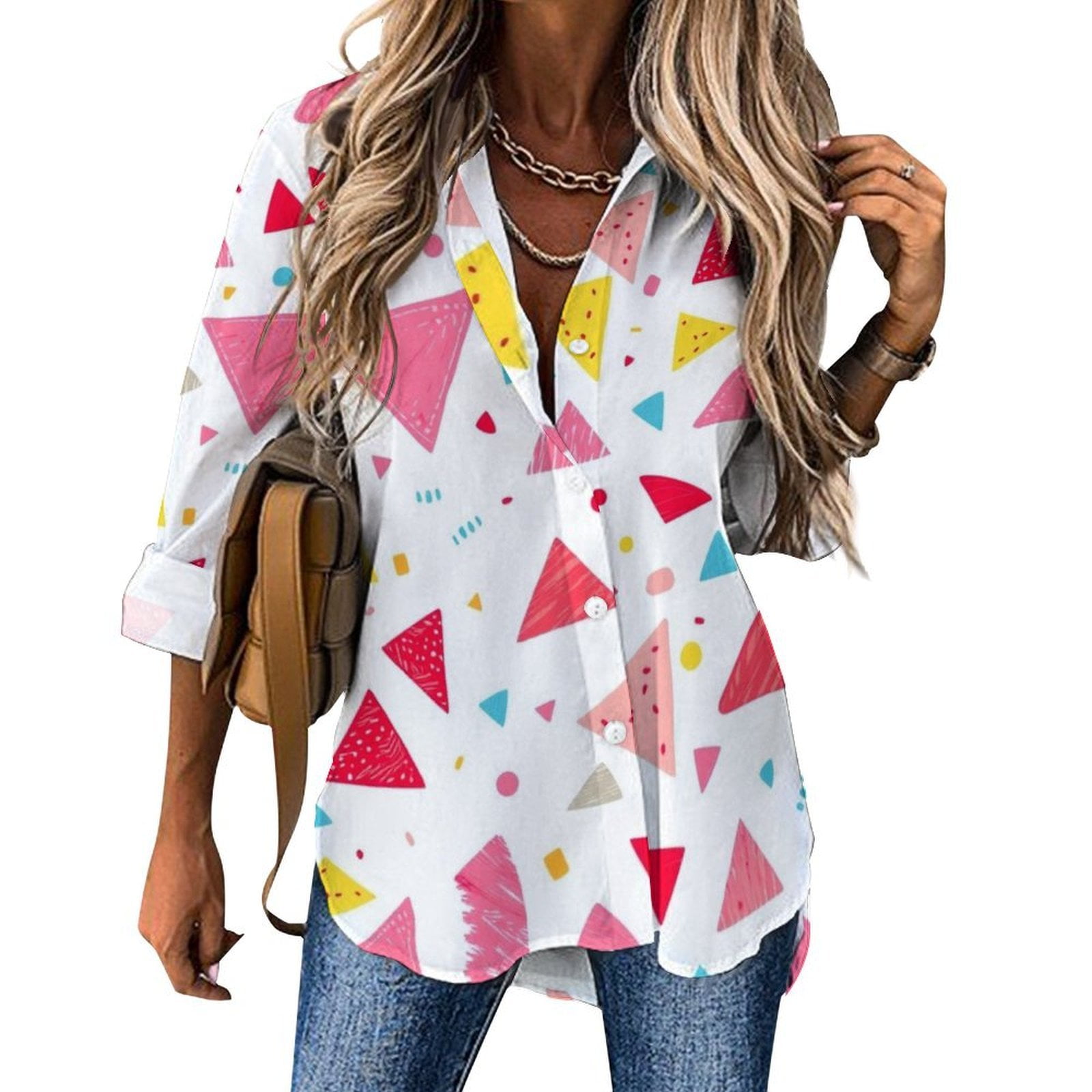 Colorful Triangle Pattern Loose Blouse Oversize Blouses Long-Sleeve ...