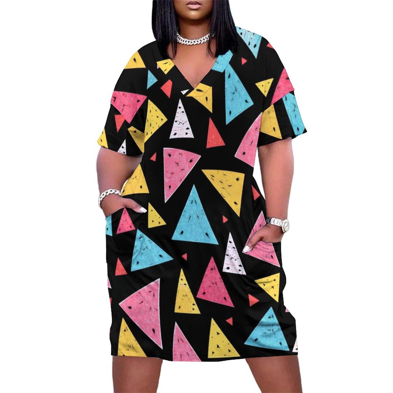 Colorful Triangle Pattern Loose Pocket Dress Summer Dress Woman 2025 Trendy Women"s Clothing ...