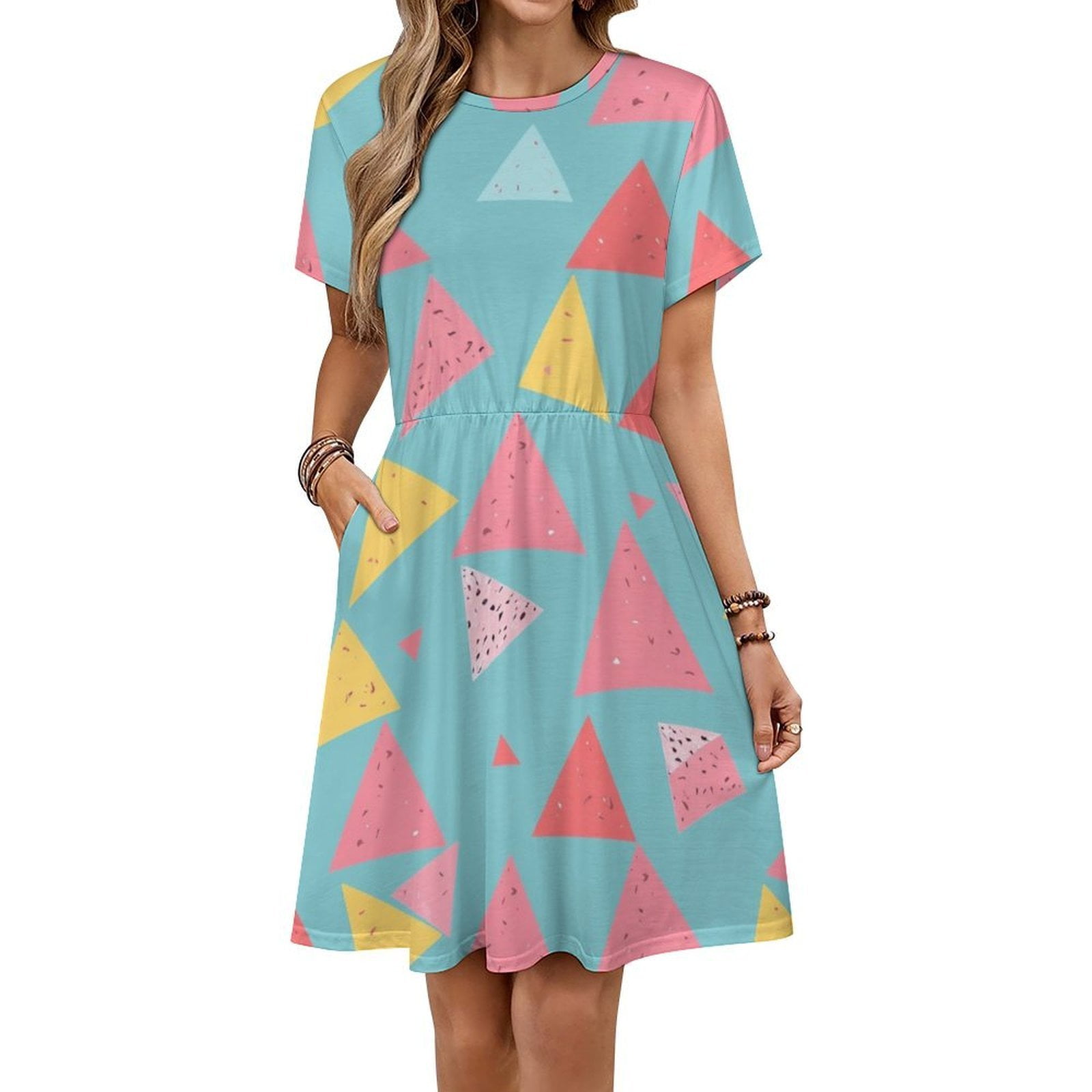 Colorful Triangle Pattern Short Sleeve Dress Summer Women Clothes Dress ...
