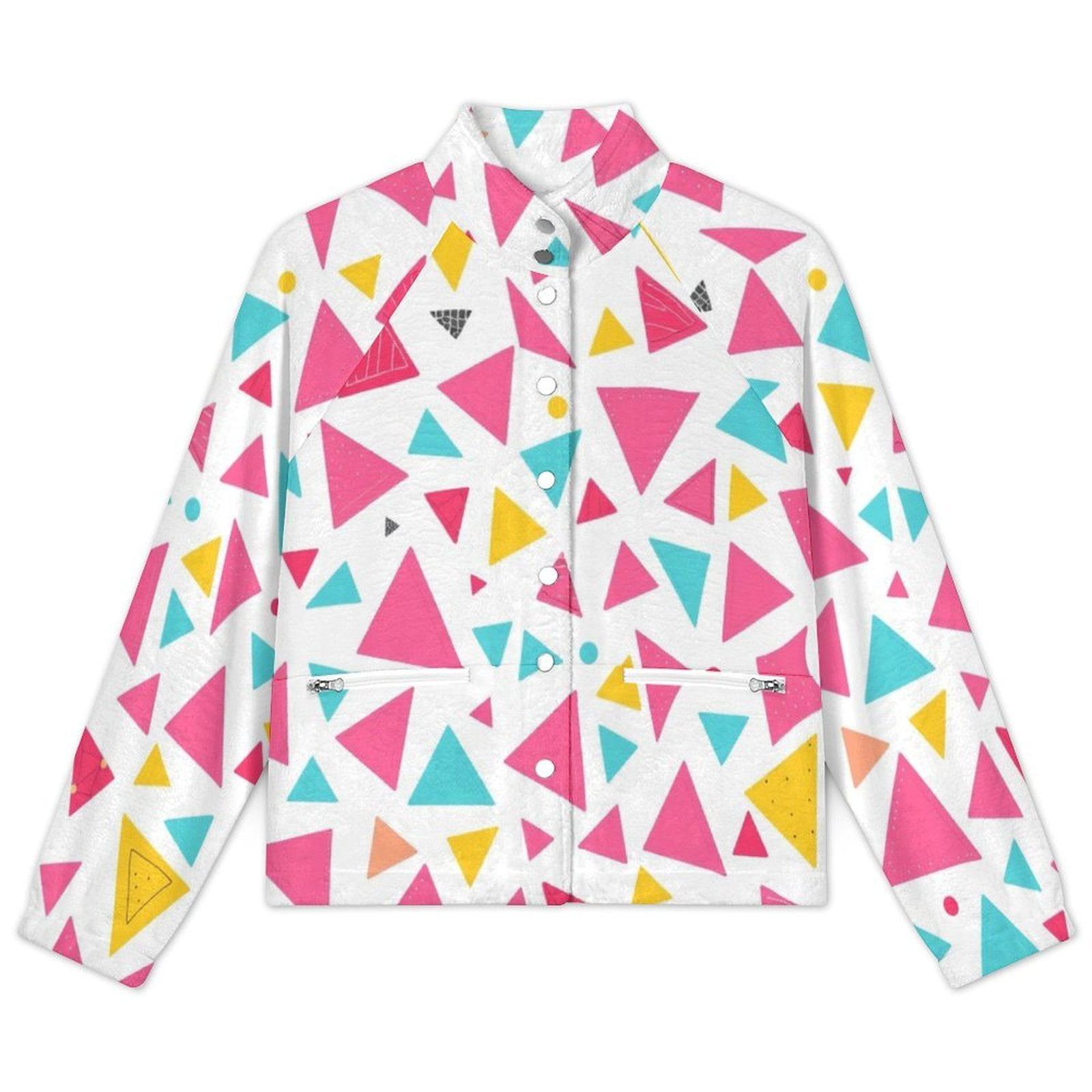 Colorful Triangle Pattern Warm Women's Plush Jacket Stand Collar Full ...