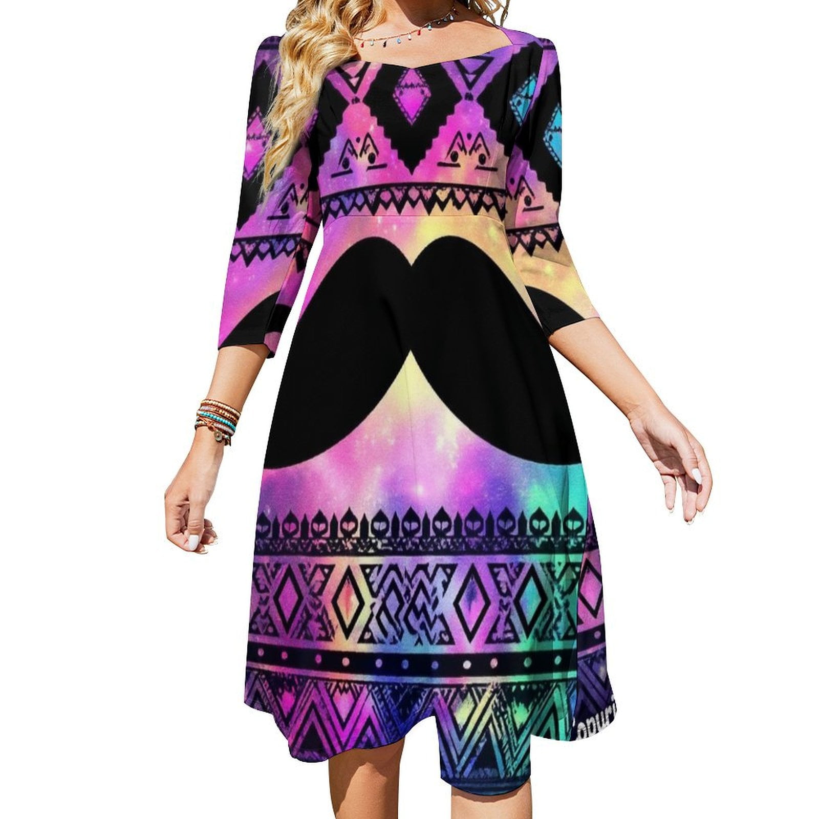 Colorful Tribal Pattern with Mustache-2 Sweetheart Knot Flared Dress ...
