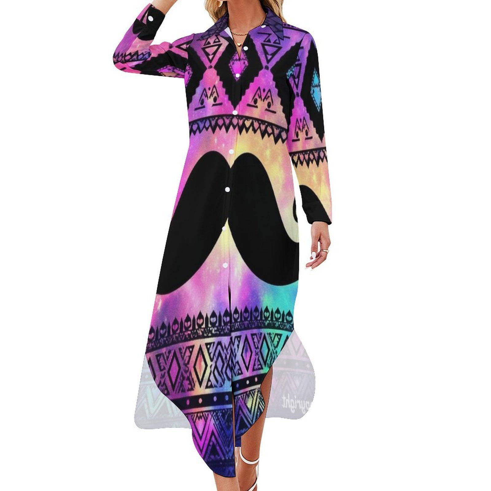 Colorful Tribal Pattern with Mustache Shirt Dress Long Sleeve Street ...