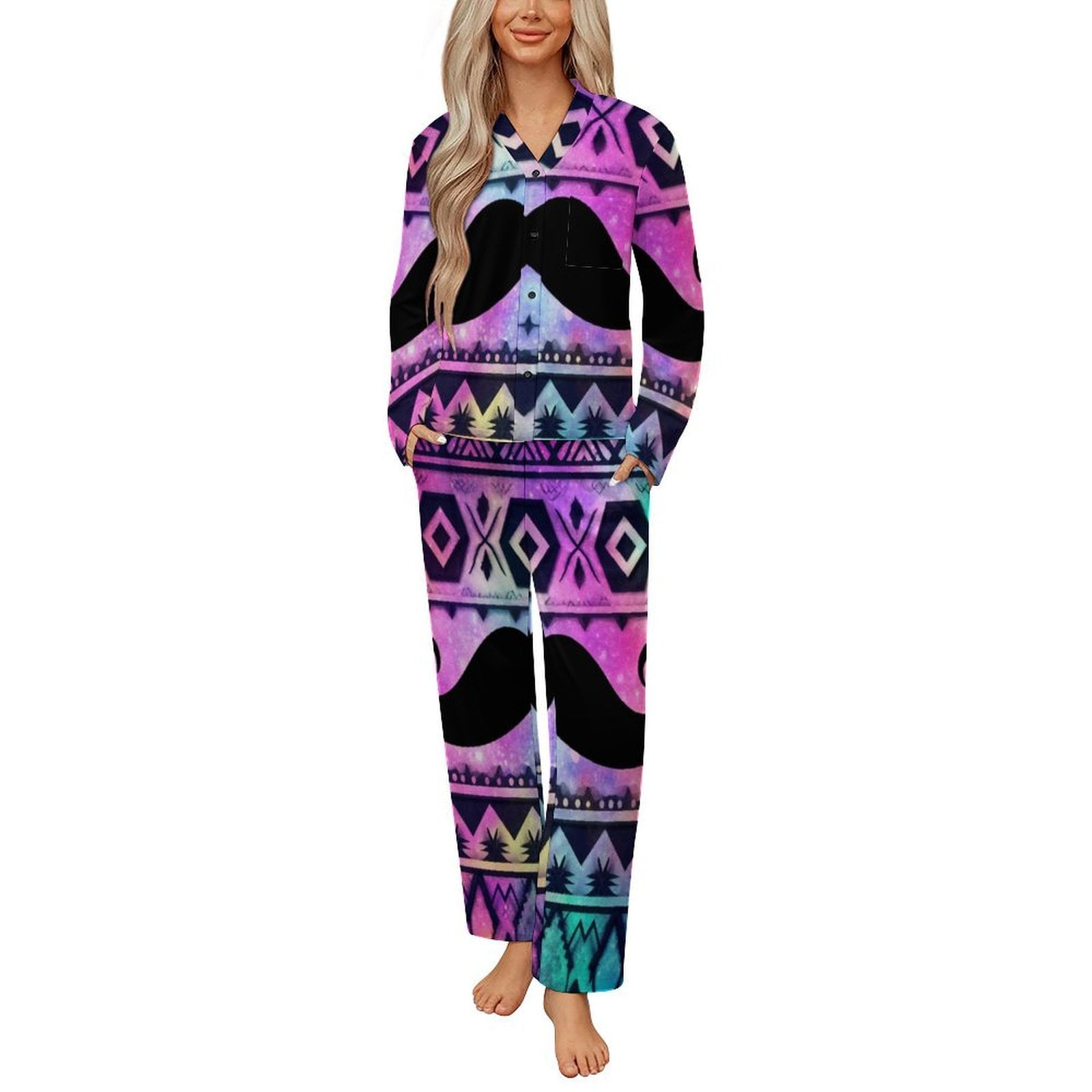 Colorful Tribal Pattern with Mustache Womens Pyjamas Set Button Up ...