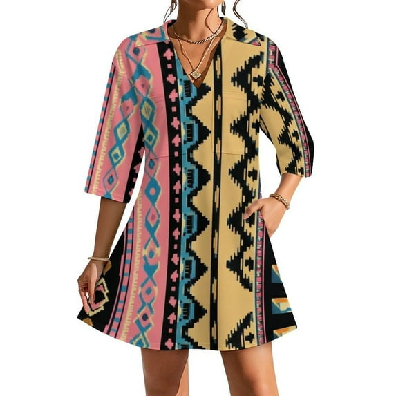 Colorful Tribal Patterned Fabric Womens Dress With Pockets Summer V ...