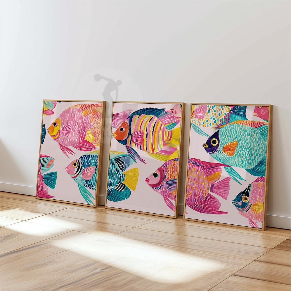 Colorful Tropical Angelfish Pink Teal Coastal Wall Art Print Set 3 ...