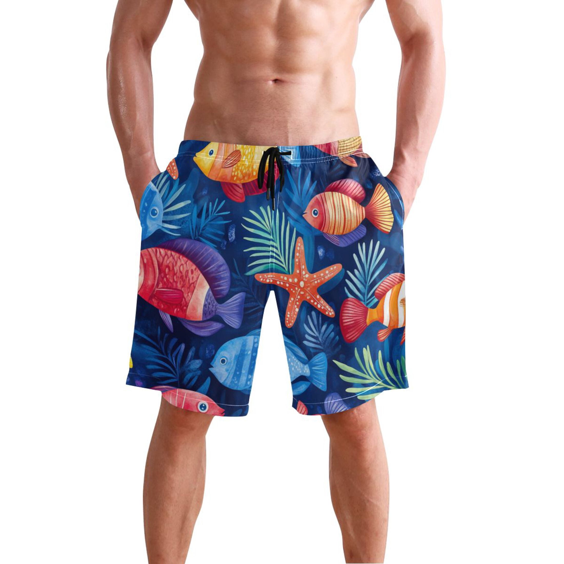 Colorful Tropical Fishes Leaves Starfishes Men's Swim Trunks Beach ...