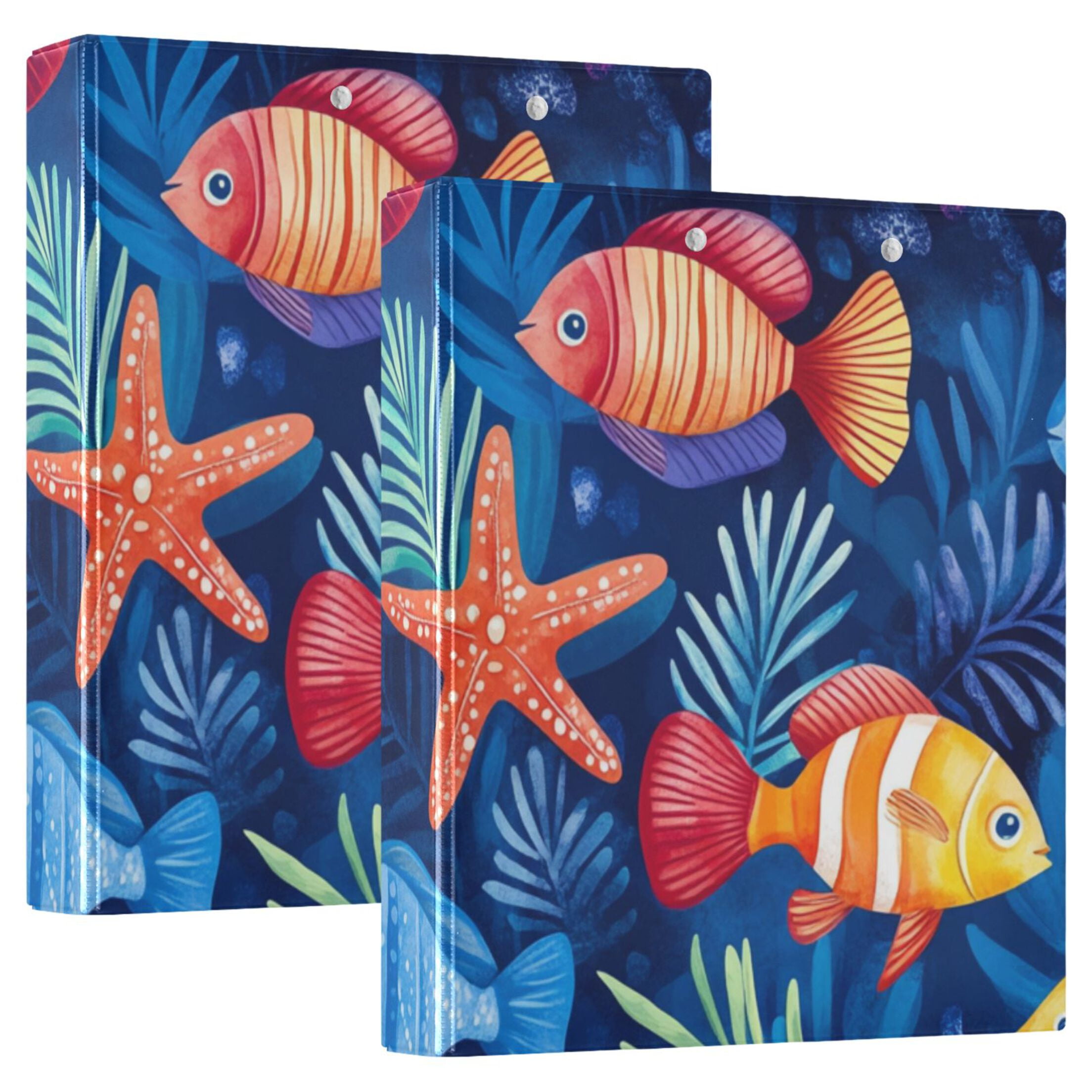 Colorful Tropical Fishes Leaves Starfishes Round Ring Binder 3 Rings 1. ...