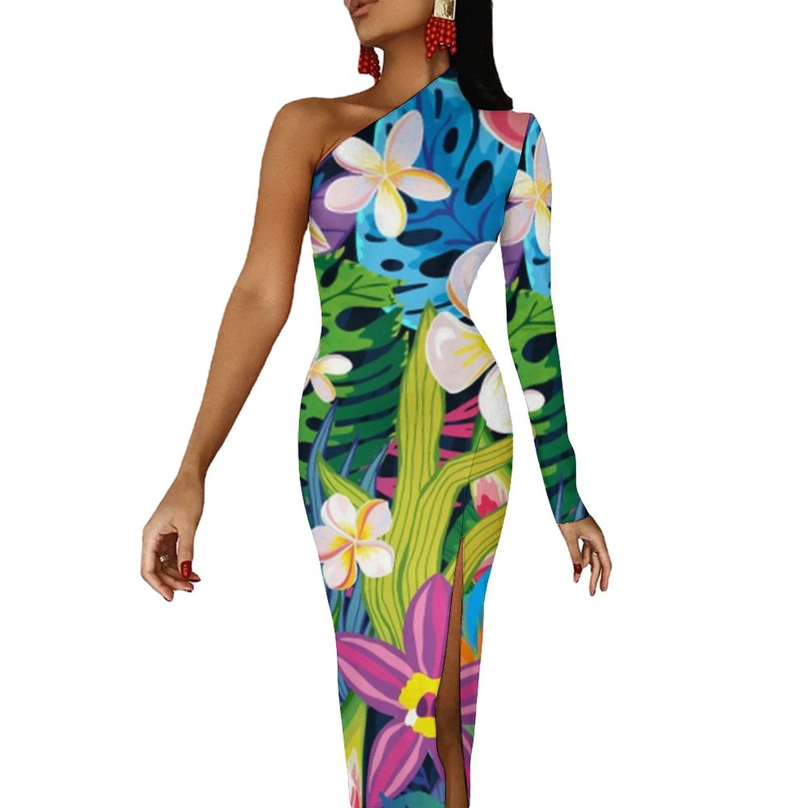 Colorful Tropical Floral Long Dress Ladies Bright Flower Print Party ...