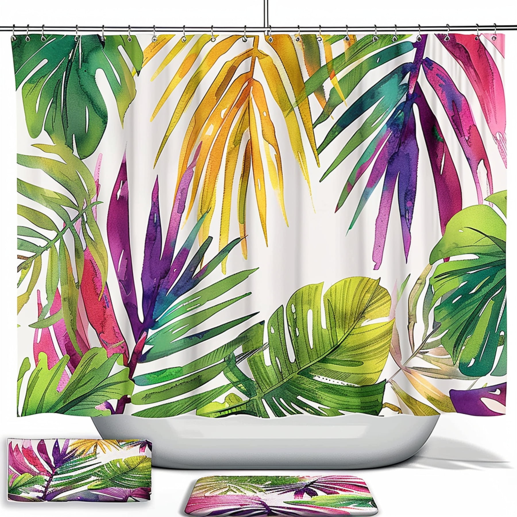Colorful Tropical Jungle Bathroom Set Palm Leavesand Curtain Vibrant