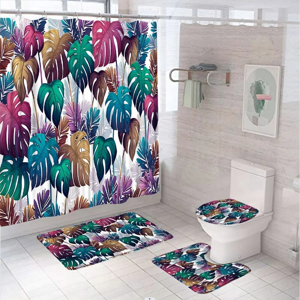 Colorful Tropical Jungle Shower Curtain Set Palm Leaves Plant Botanical ...