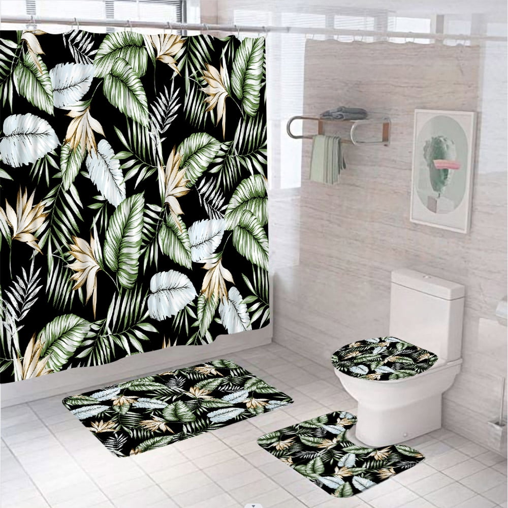 Colorful Tropical Jungle Shower Curtain Set Palm Leaves Plant Botanical ...