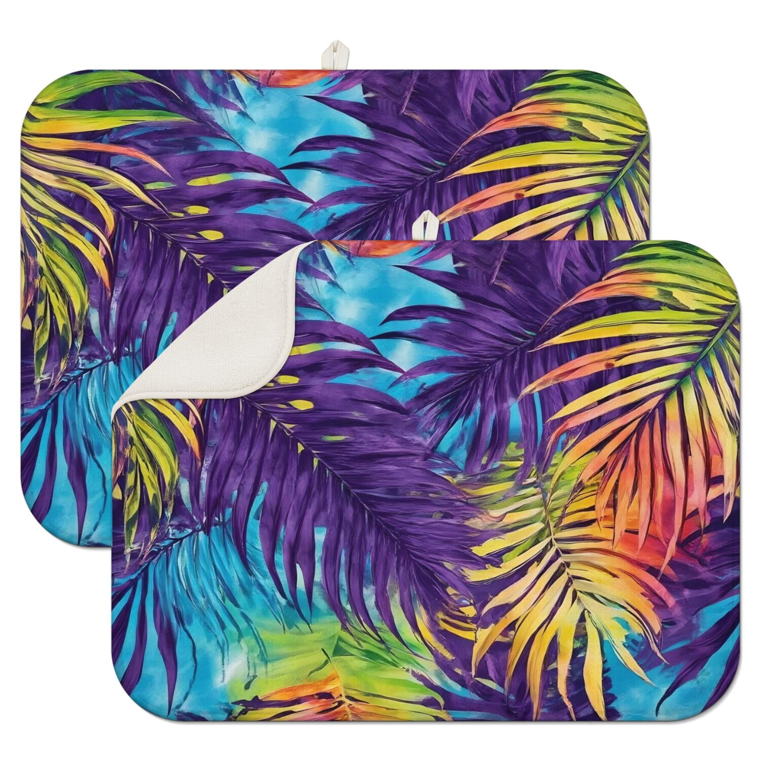 Colorful Tropical Leaf Pattern Dish Drying Mat for Kitchen 1 Pack ...