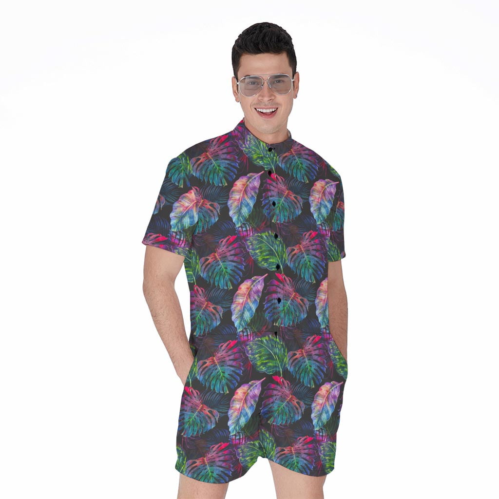 Colorful Tropical Leaves Pattern Short Sleeve Men'S Rompers, Aloha ...
