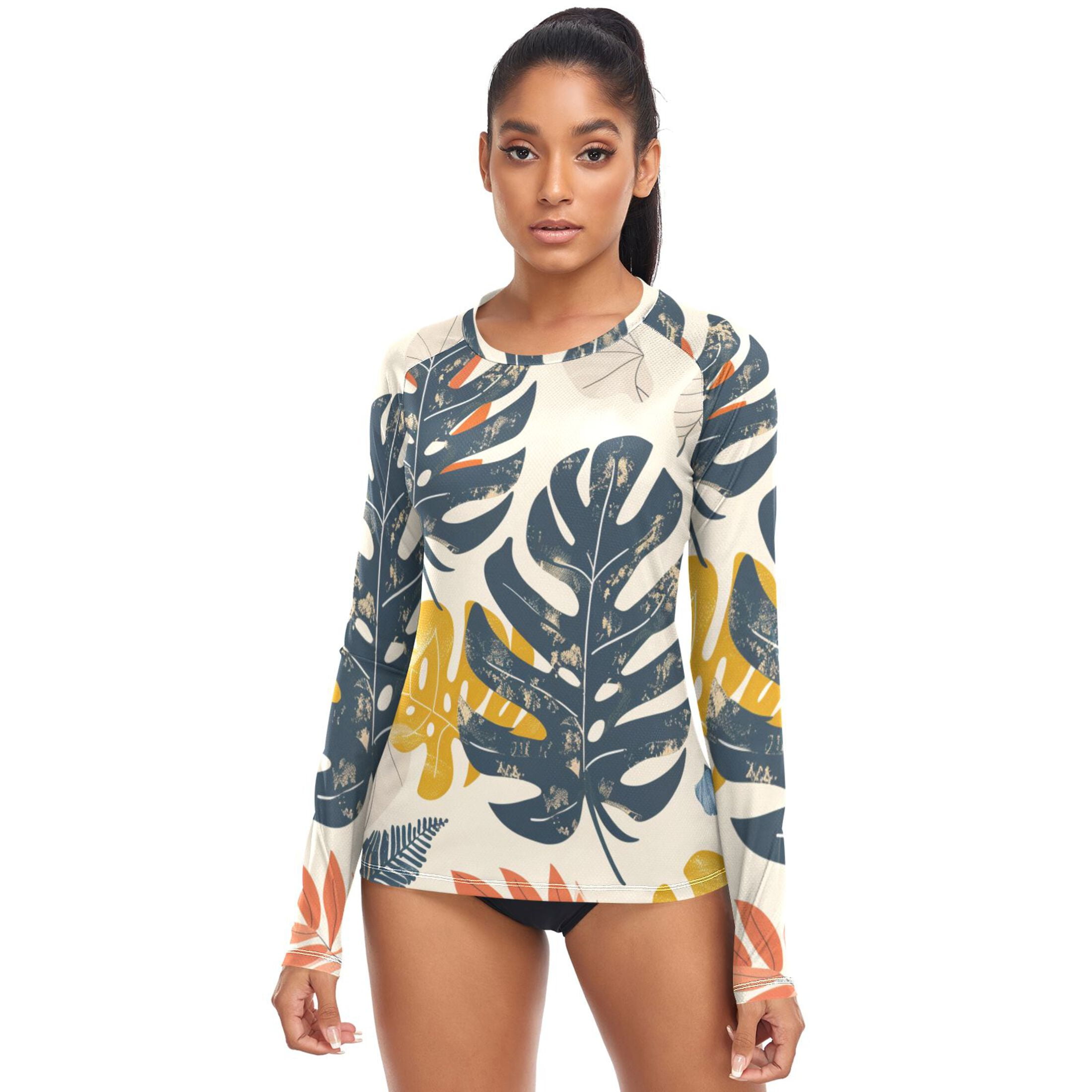 Colorful Tropical Leaves Women's Rash Guard Shirts UPF 50+ Sun ...