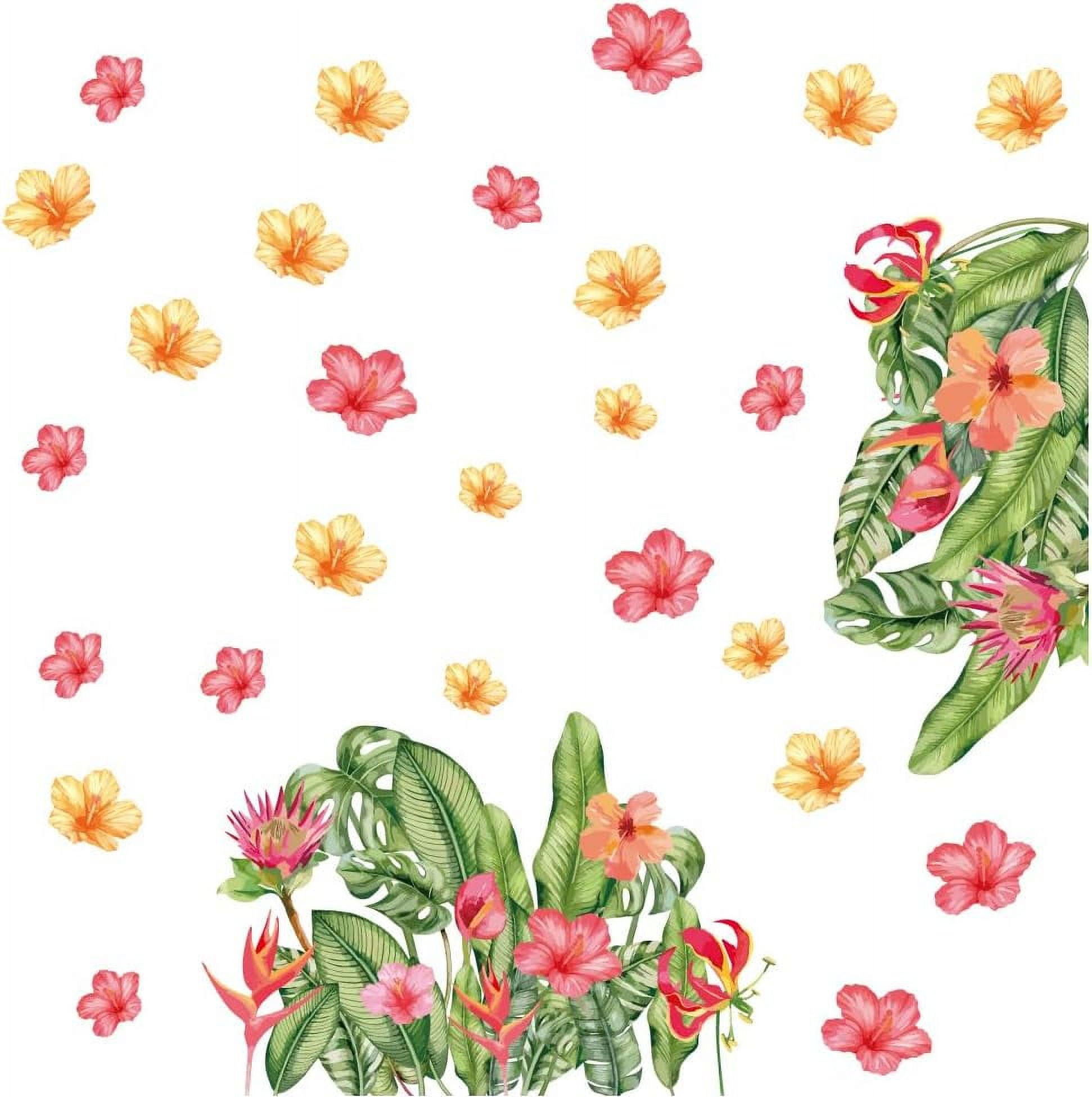 Colorful Tropical Plants Flowers Wall Decals Hibiscus Monstera Wall ...