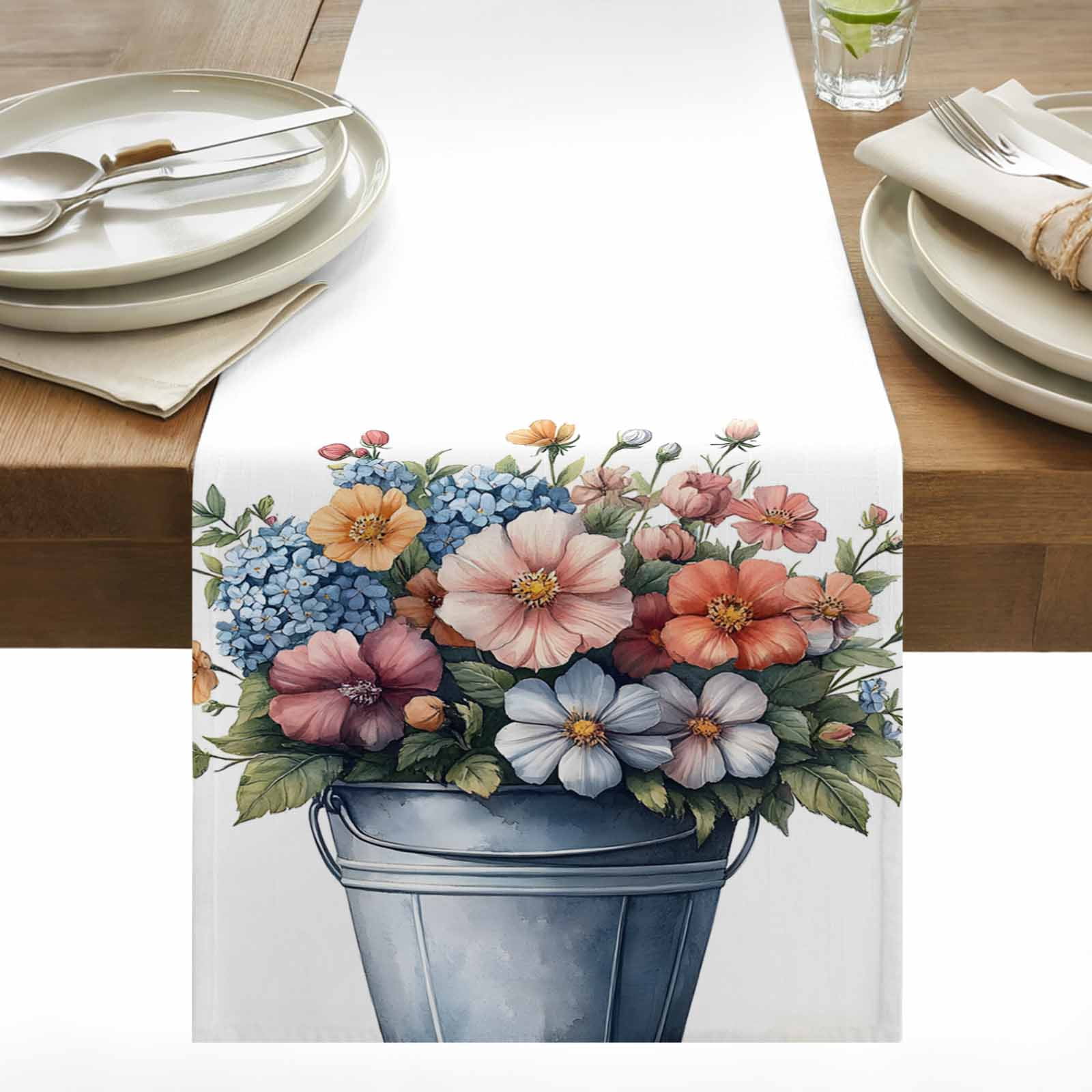 Colorful Tulip Floral Cotton Linen Table Runner Spring Retro Flowerpot ...